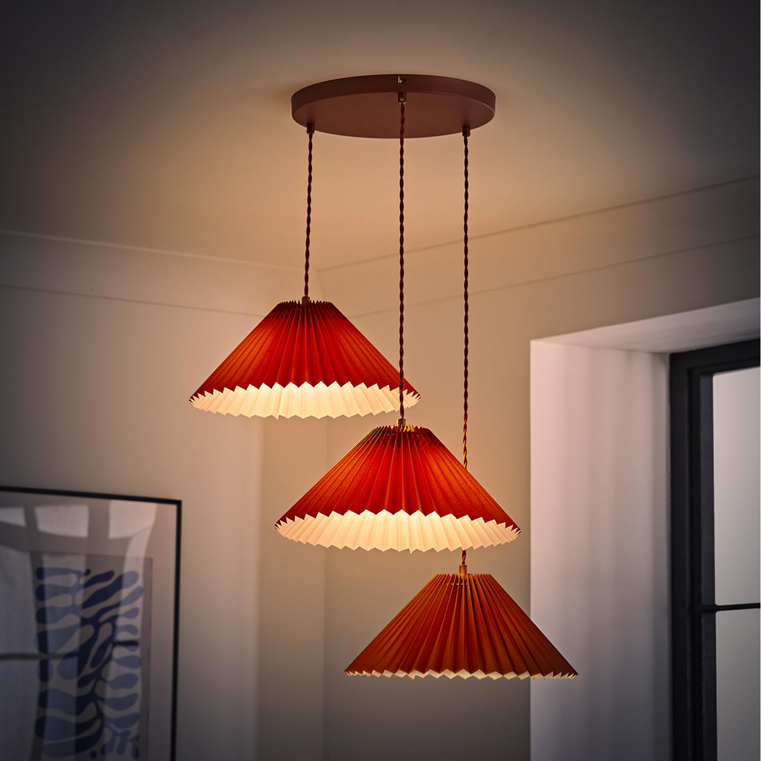 Akira Fabric Pleated Triple Drop Ceiling Pendant Light