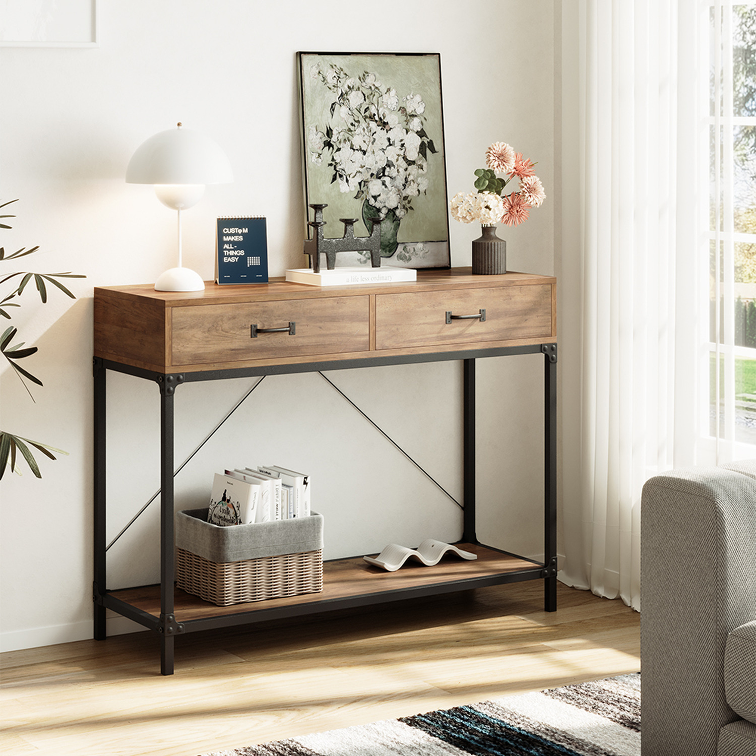 Industrial Wood Metal Side Table with Drawers