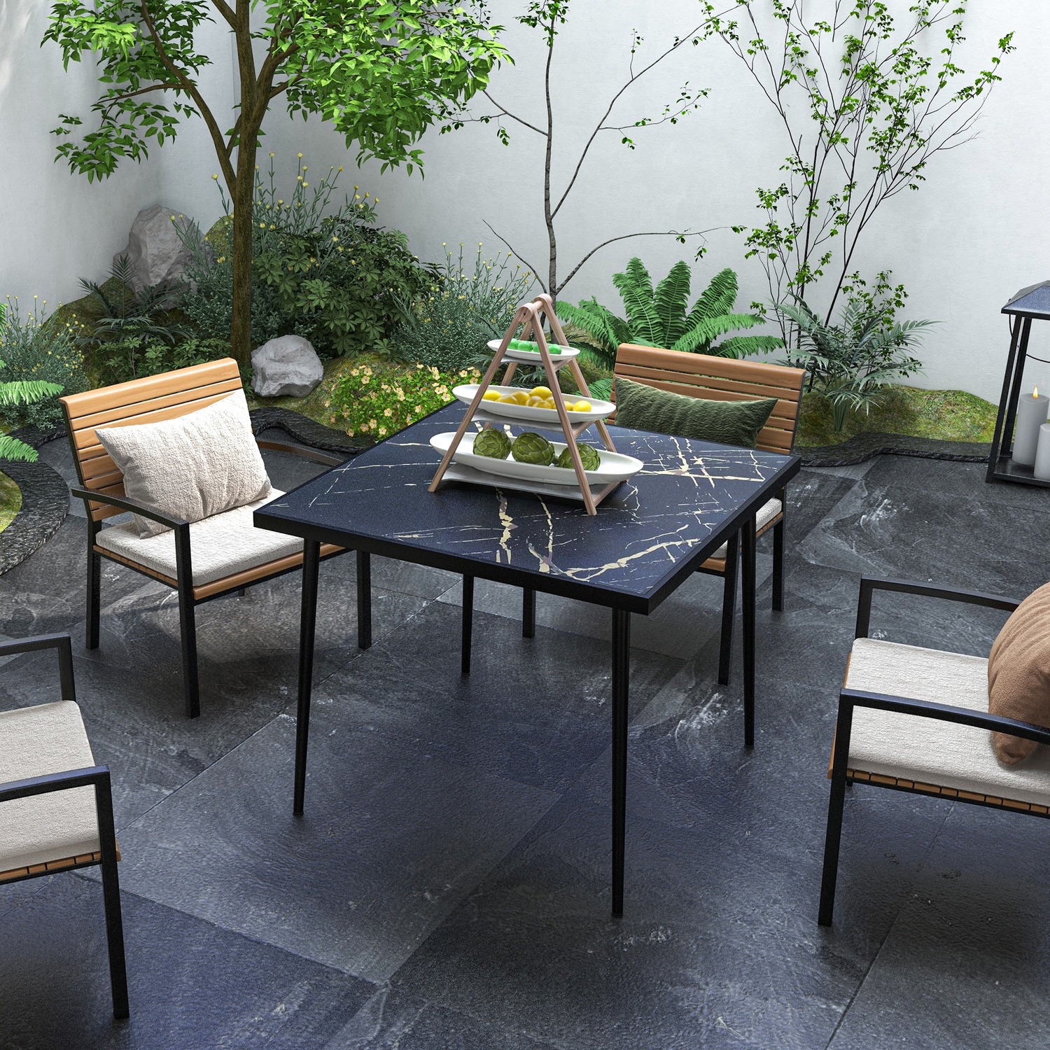 Square Outdoor Dining Table for 4 with Marble Effect Top 84G-346V00GY