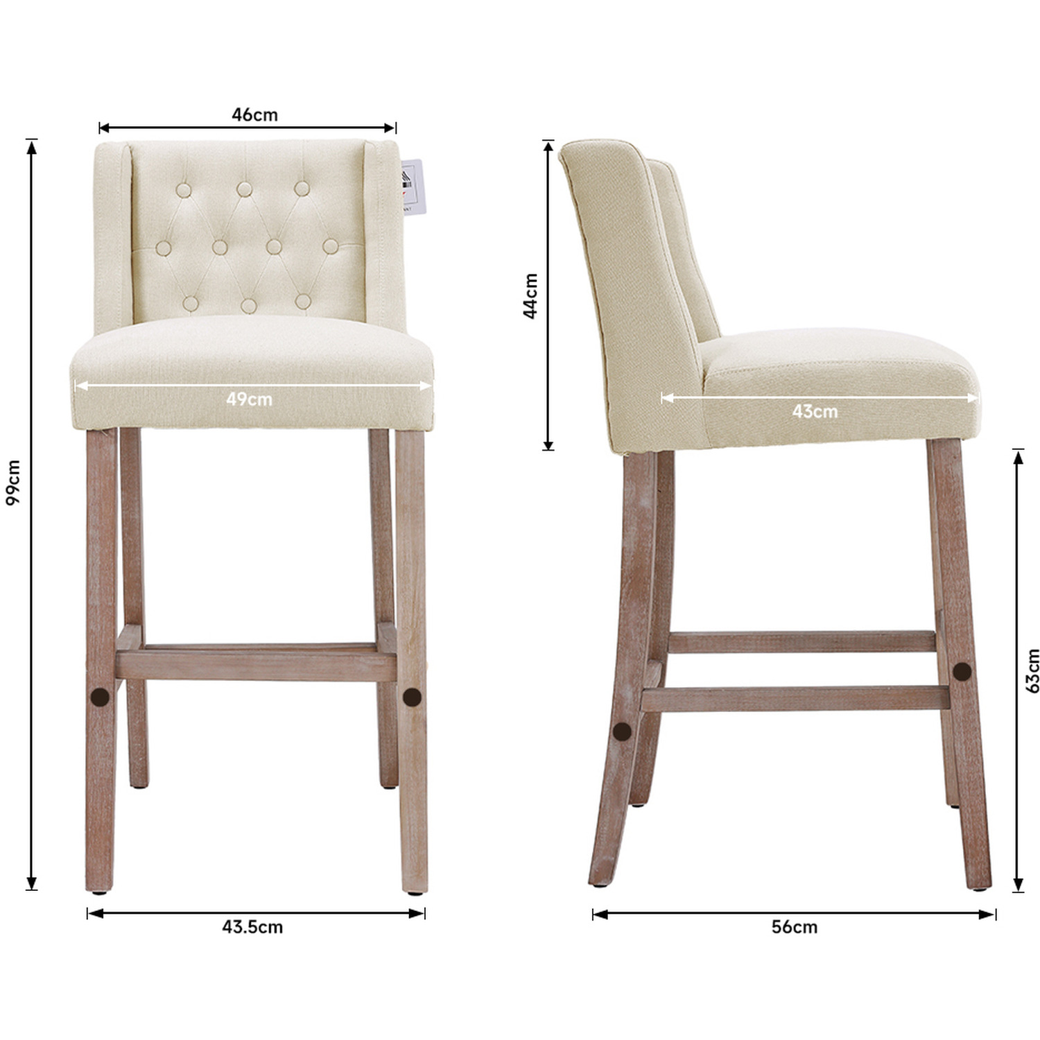 Set of 2 Modern Linen Tufted Bar Stool with Wood Legs