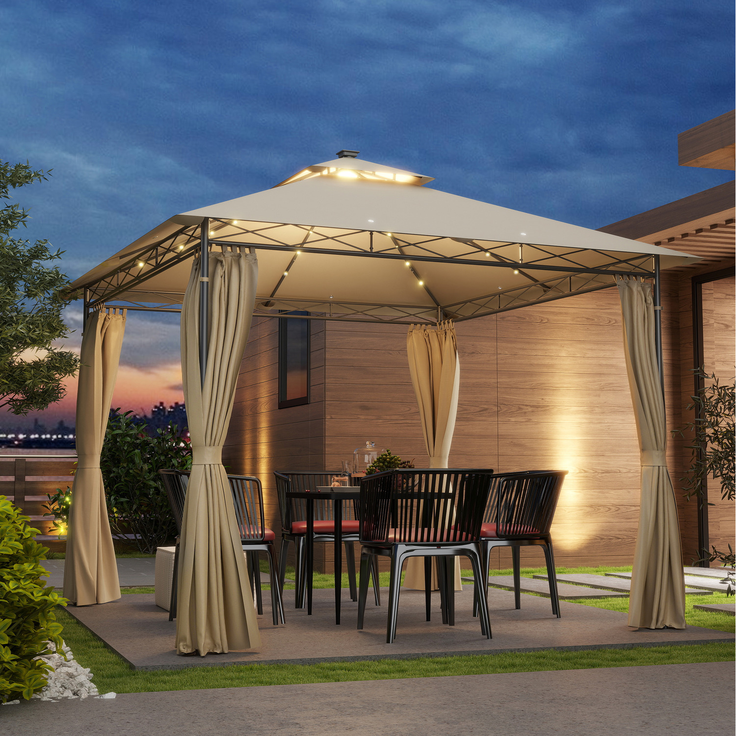 Outsunny 3 x 3 m Double Roof Garden Gazebo with Curtains
