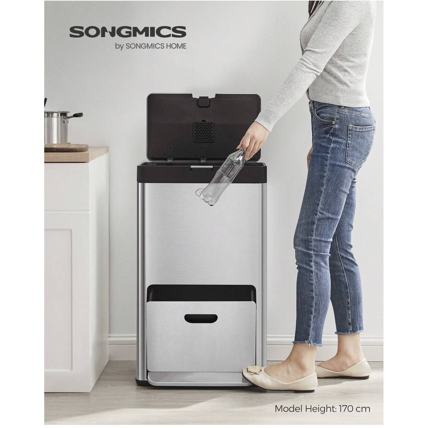 SONGMICS 3-Compartment Kitchen Bin with Carbon Filter
