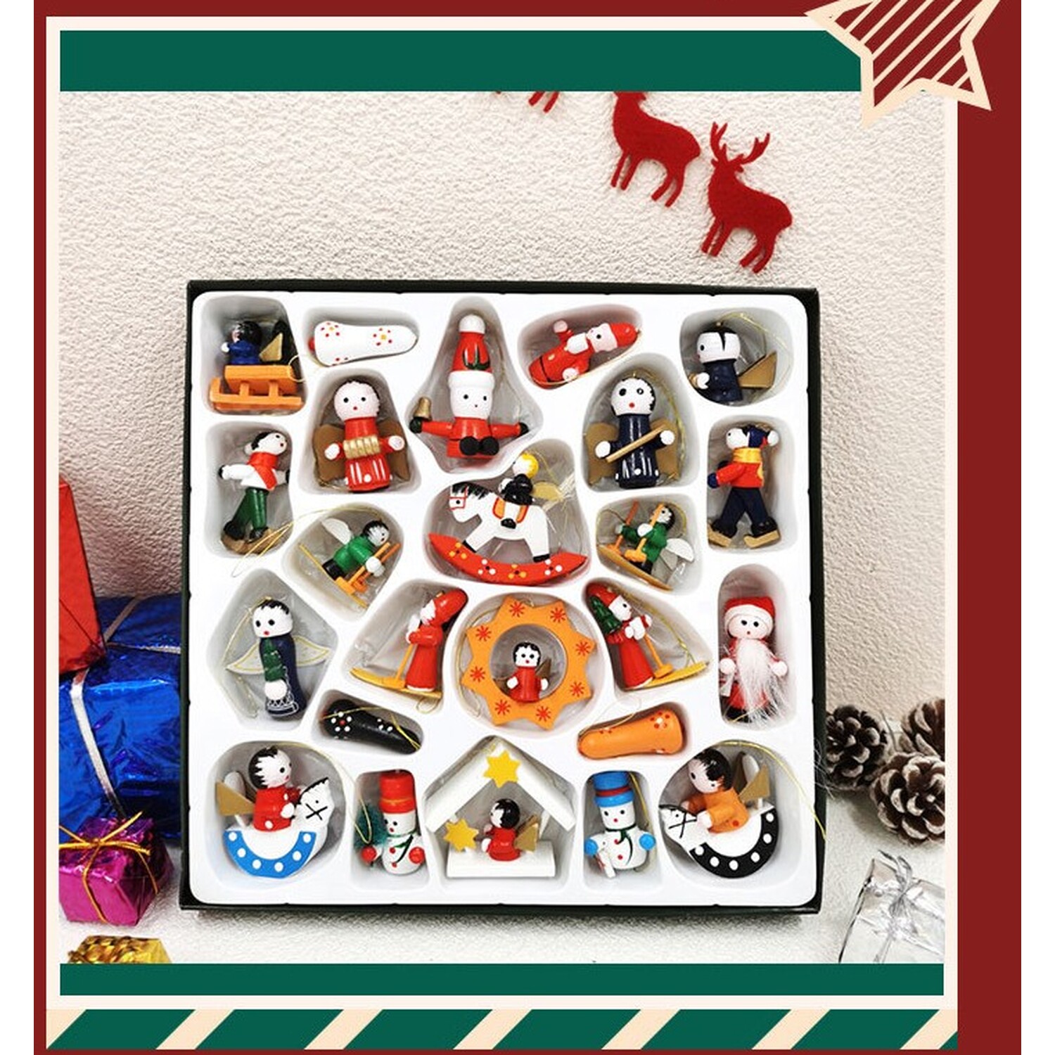 Set of 24 Wooden Doll Christmas Tree Hanging Decorations