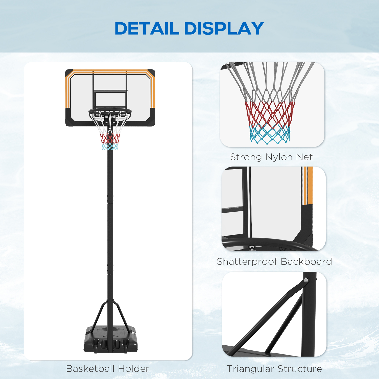 Basketball Backboard Hoop Net Set with Wheels, 182-213cm, Black