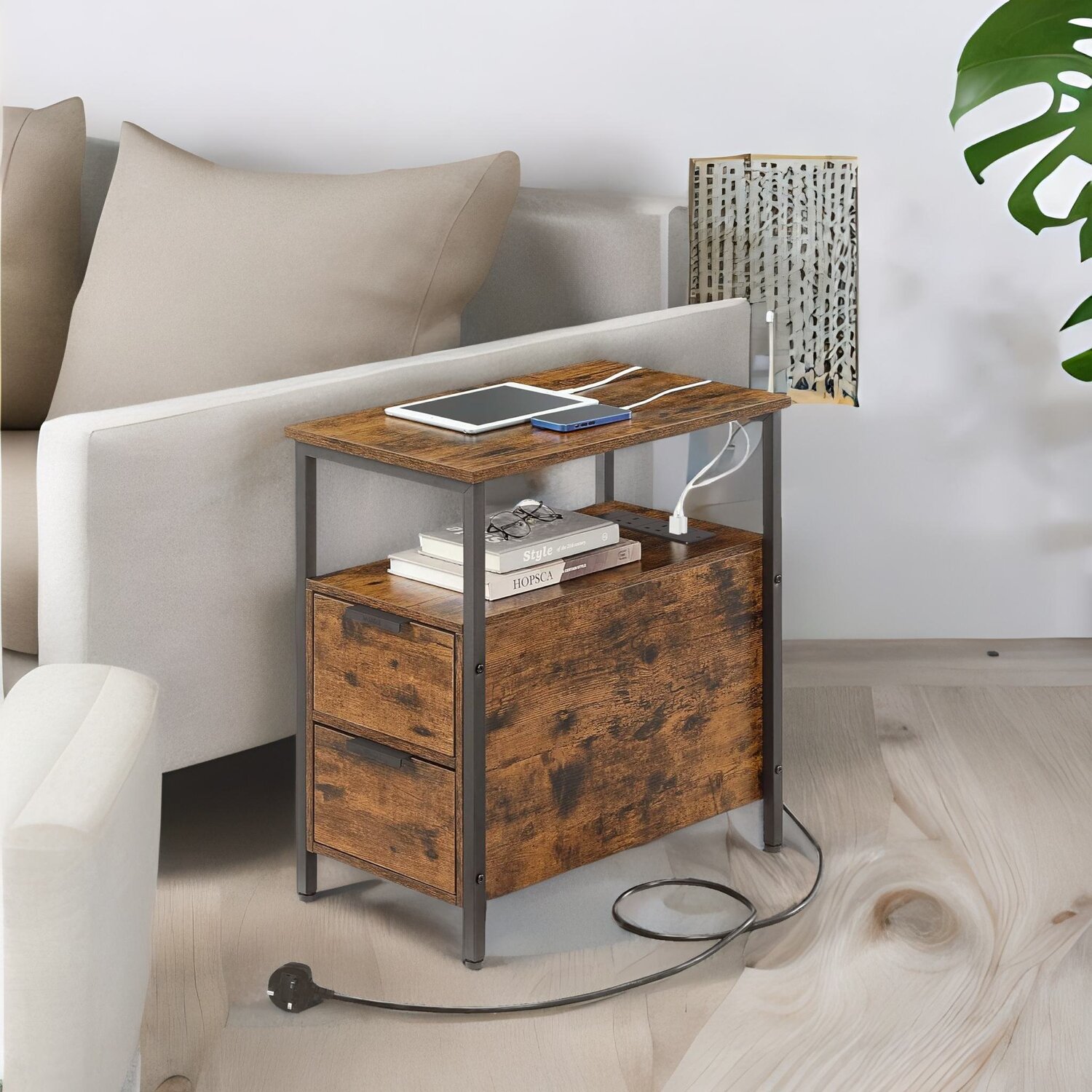 Slim Bedside Table With Power USB Outlets