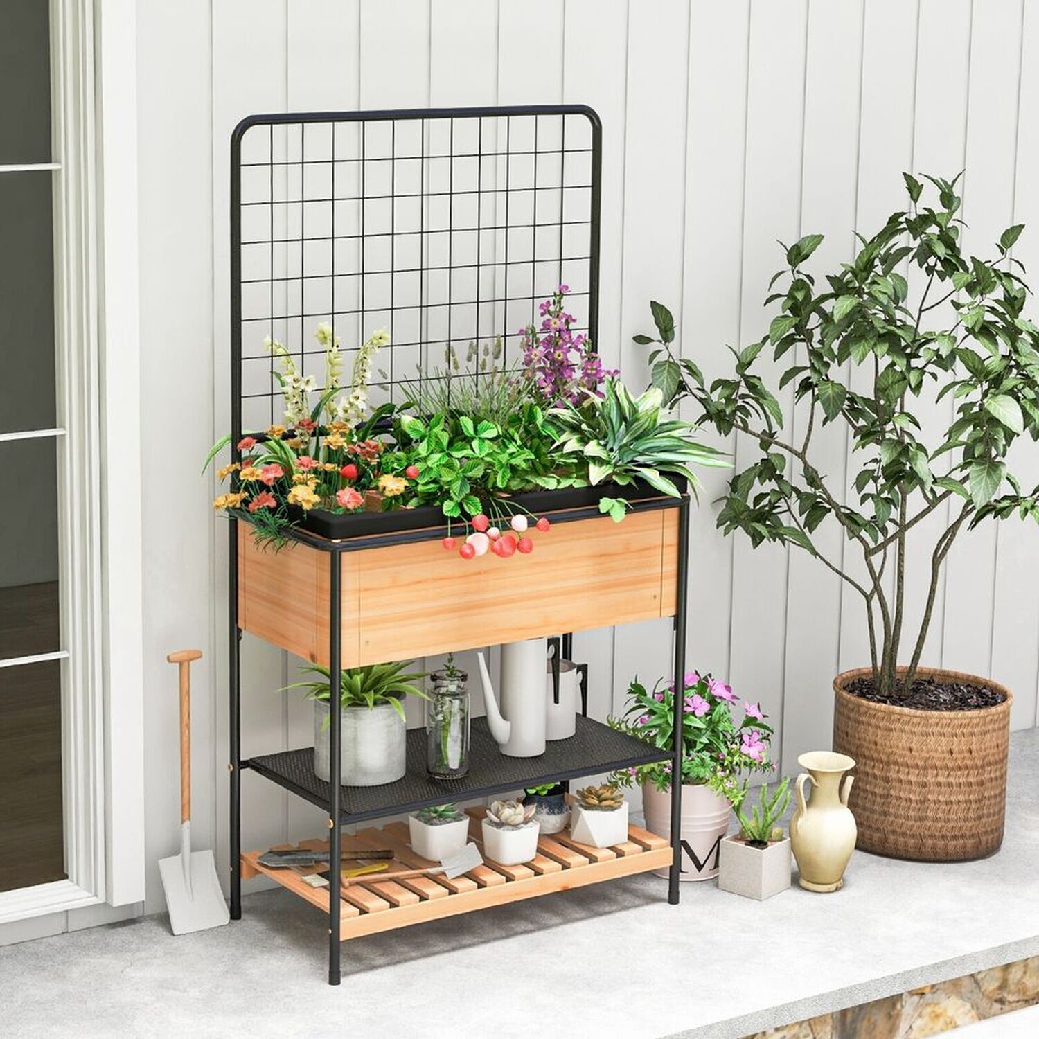 Wooden Elevated Planter Box with Removable Grid Divider