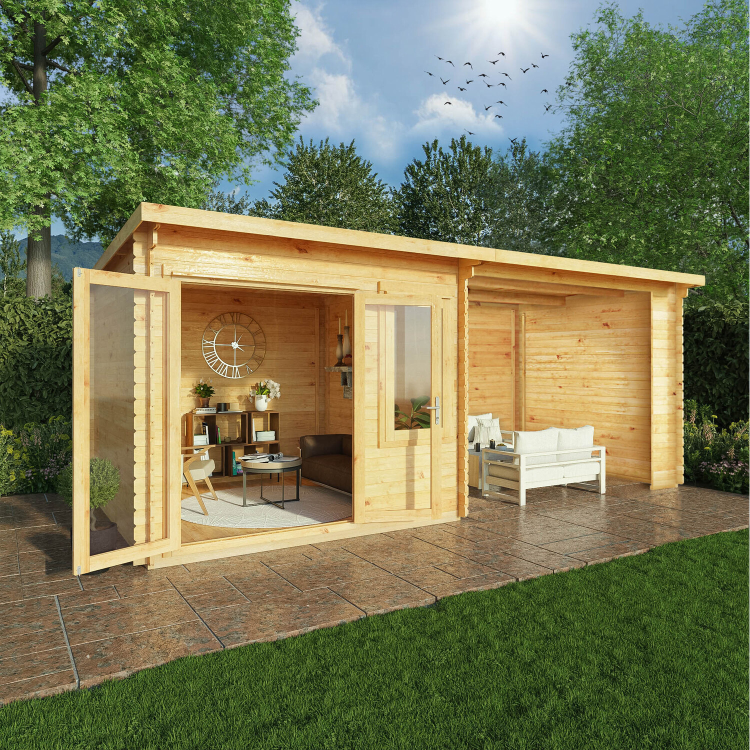 3m x 3m Wooden Log Cabin Elite With Patio Area Pent Roof - 28mm Thickness