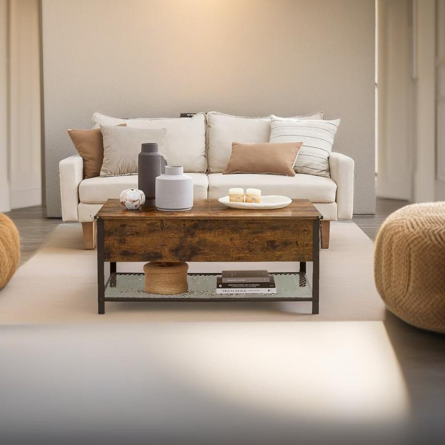 Coffee Table with Flip Lid and Hidden Storage Compartment, Mesh Shelf