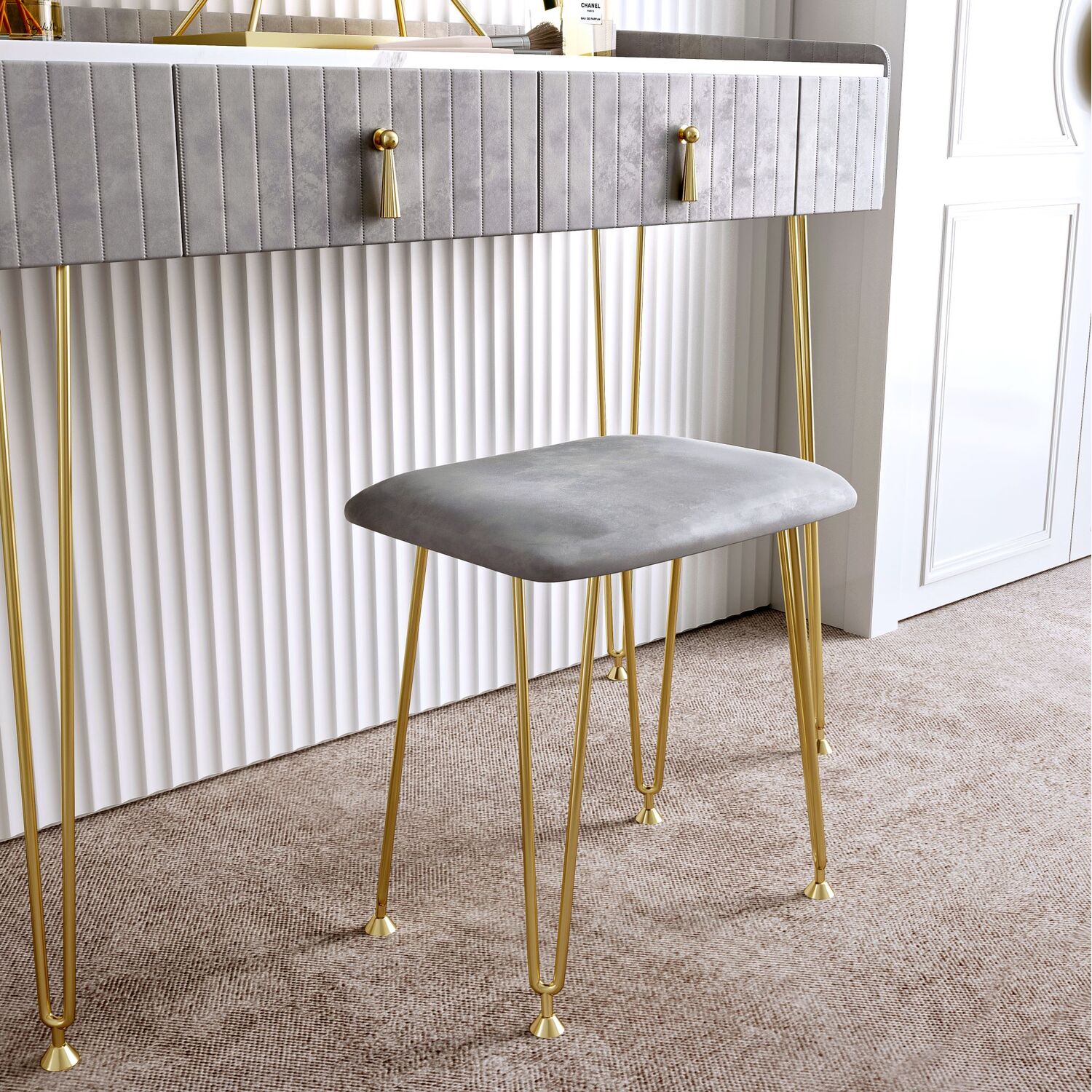 Tokyo Glow Velvet Dressing Table with Velvet Stool