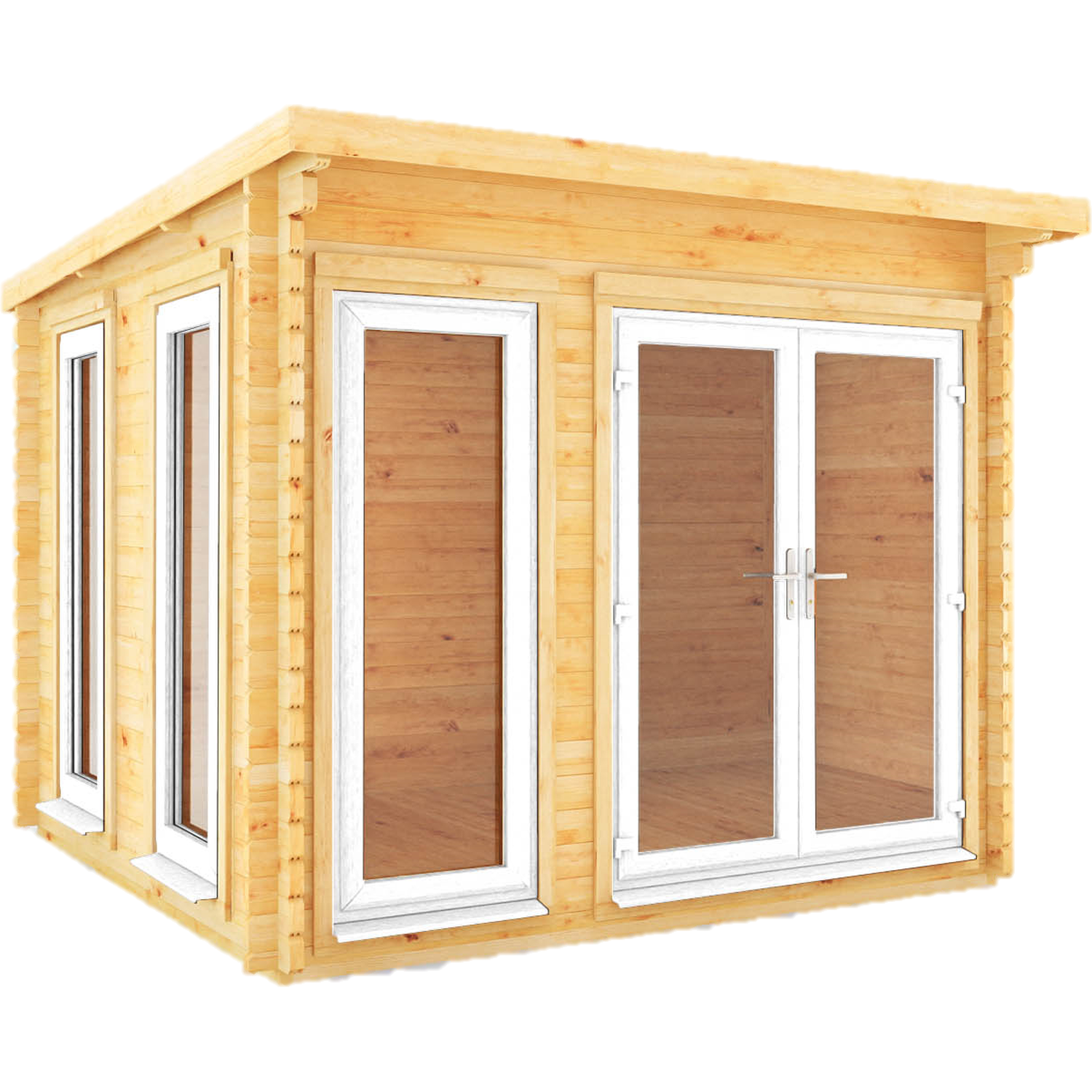 3m x 3m Wooden Pent Log Cabin 44mm Thickness UPVC Doors and Windows