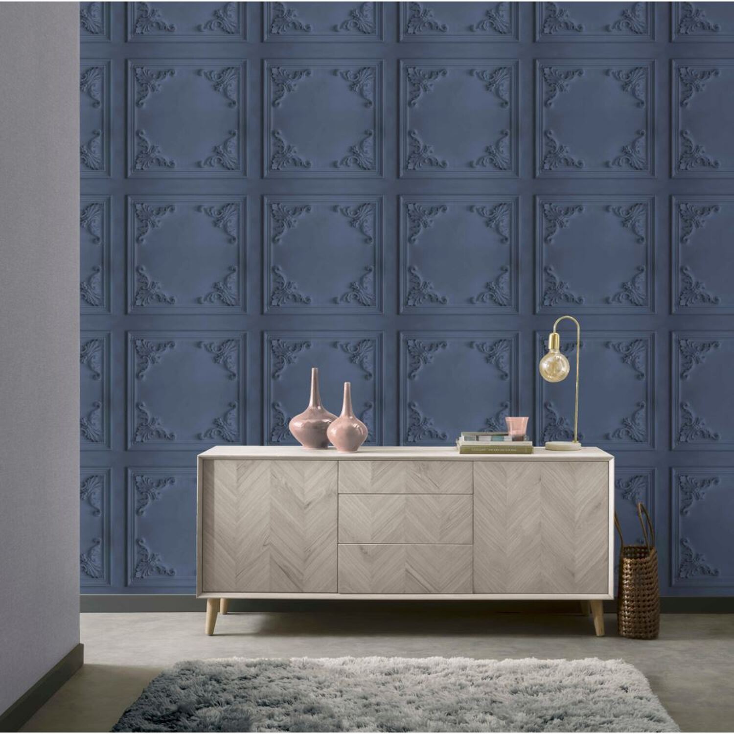 Arthouse Panelled Flourish Panels Wallpaper Navy 942503