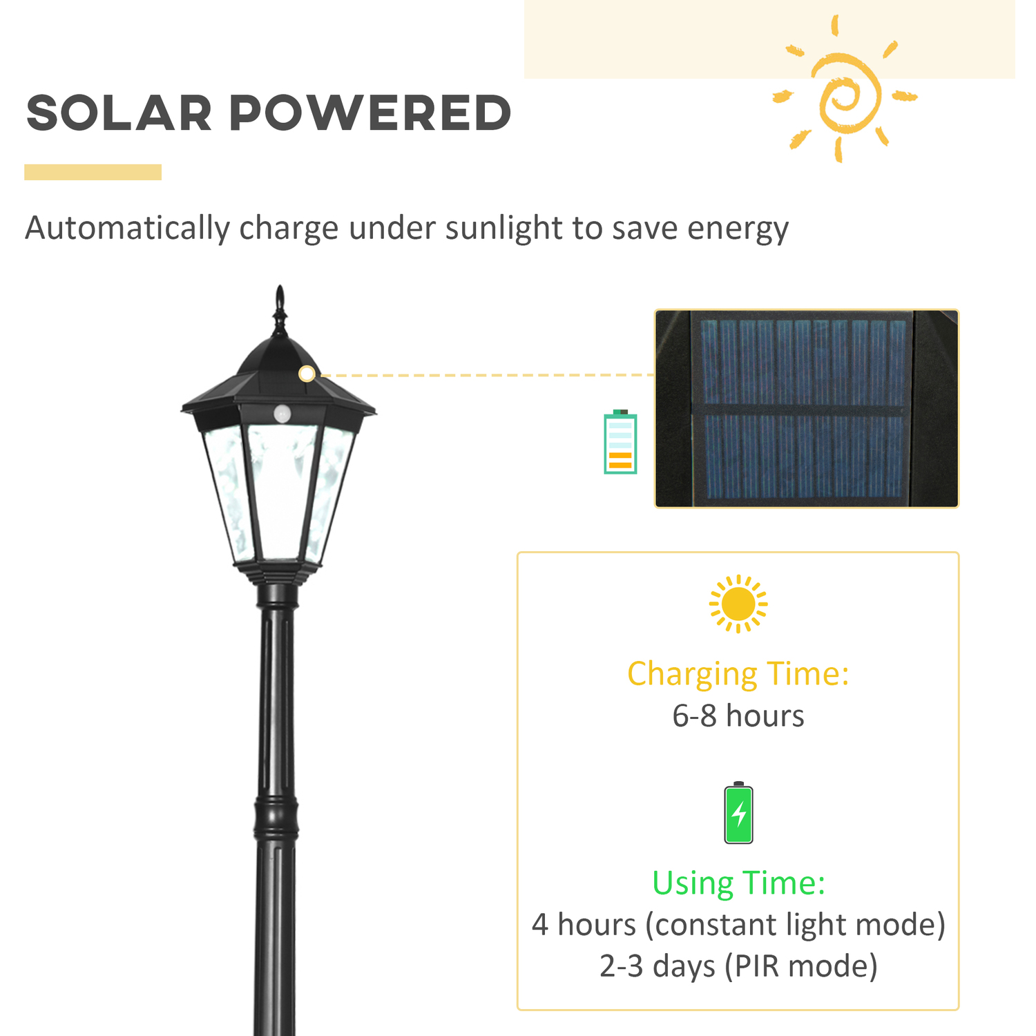 Solar Powered Garden Lamp Post Light with PIR Mode for Lawn Pathway