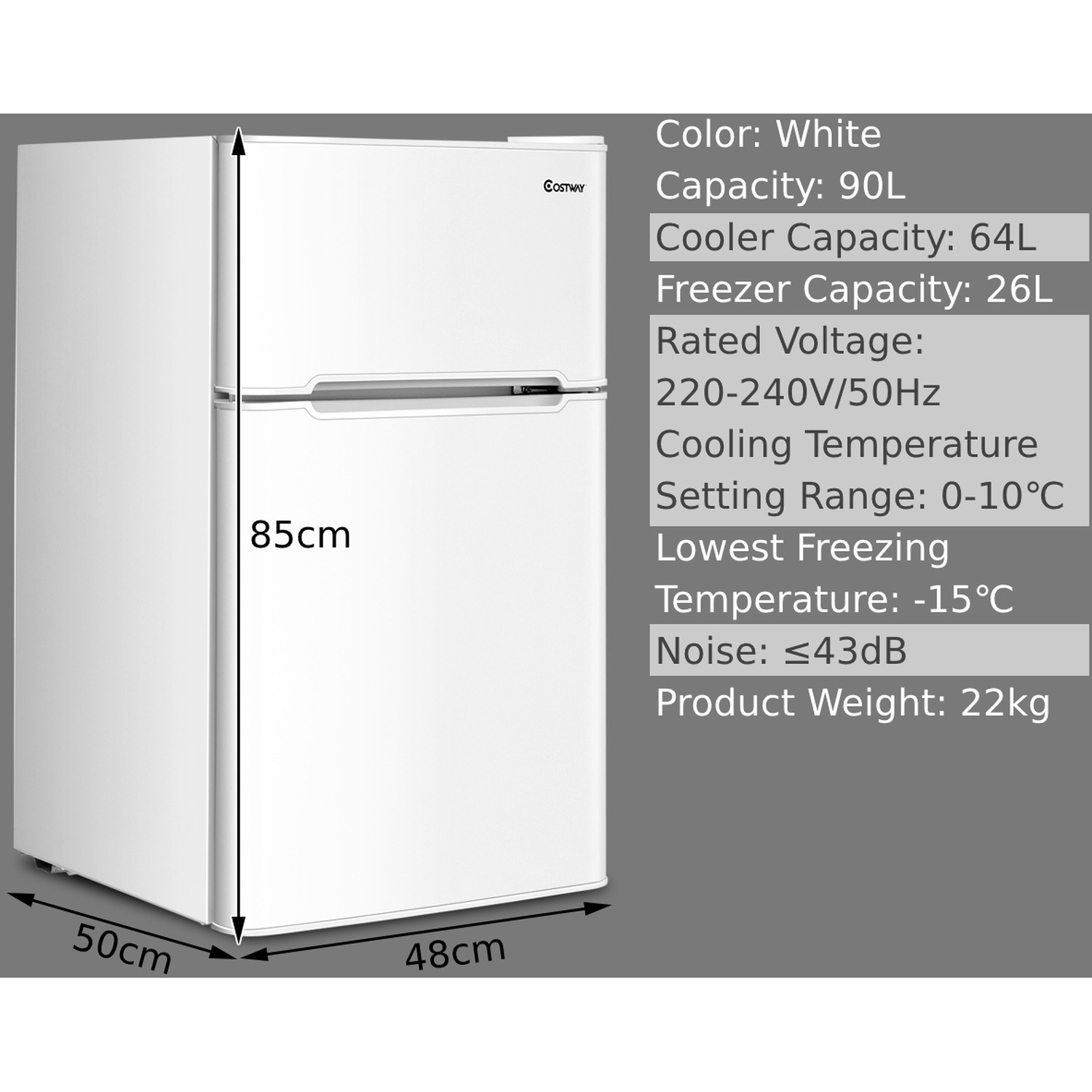 Costway 90 L Compact Refrigerator-White