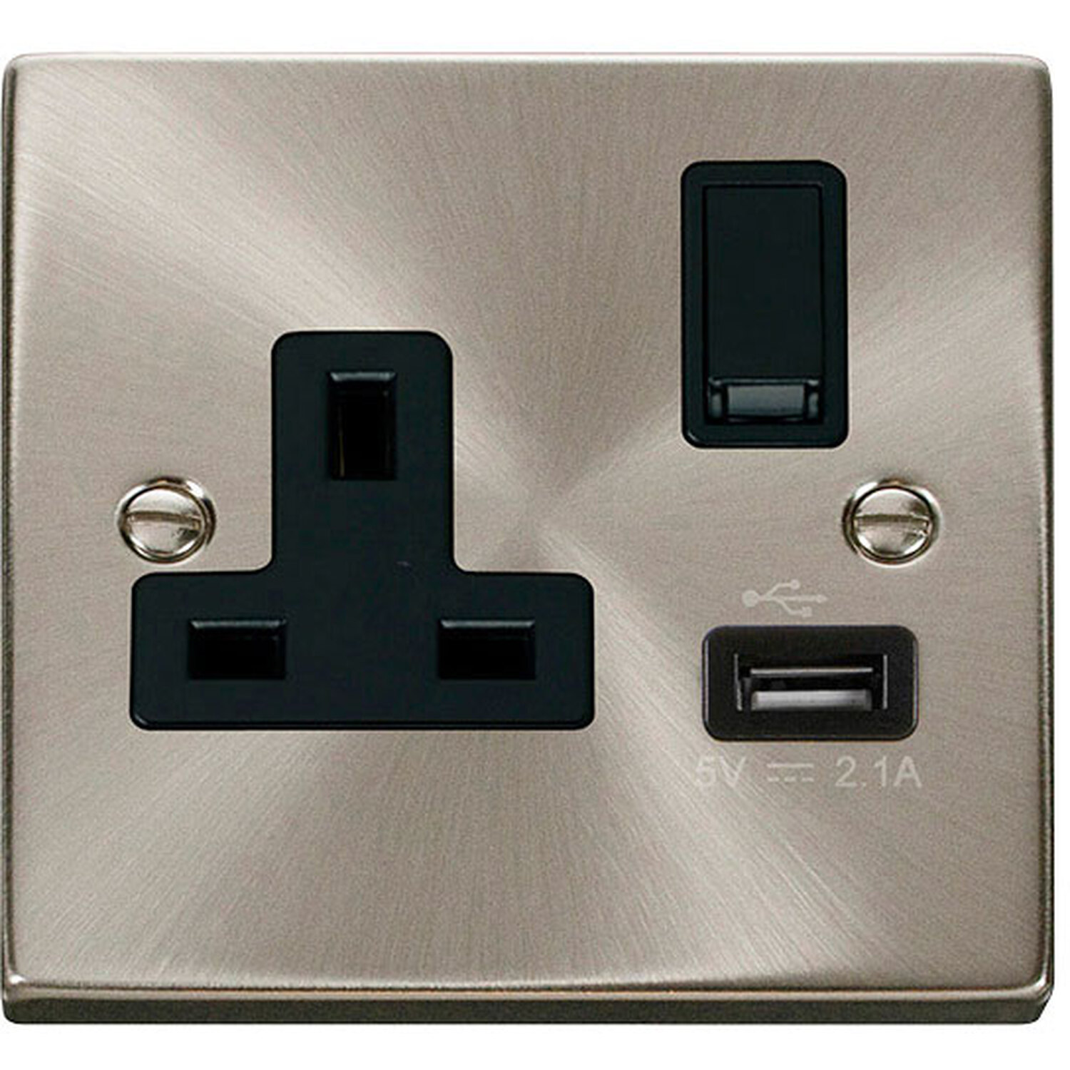 Satin Brushed Chrome 1 Gang 13A DP 1 USB Switched Plug Socket