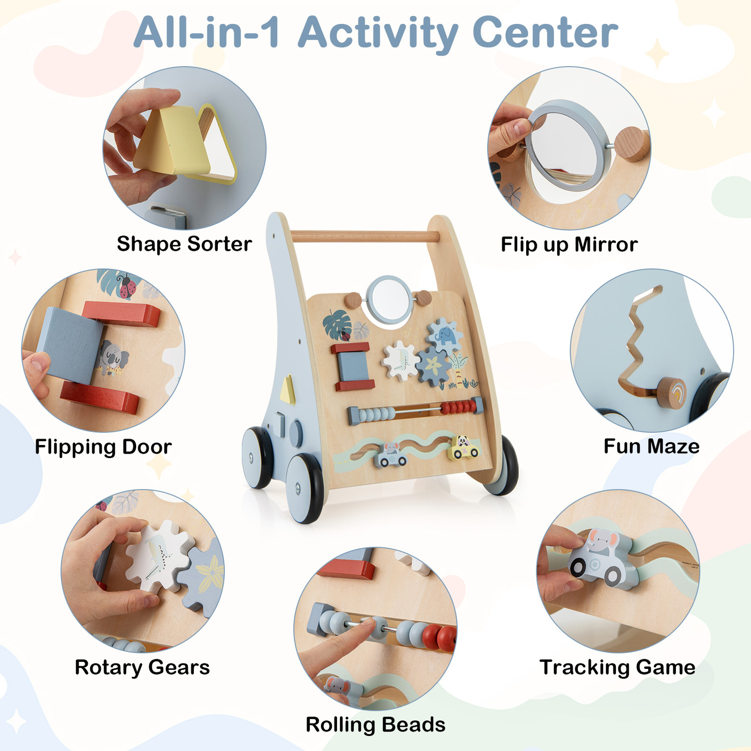 Wooden Baby Walker with Multi-Activity Learning Center