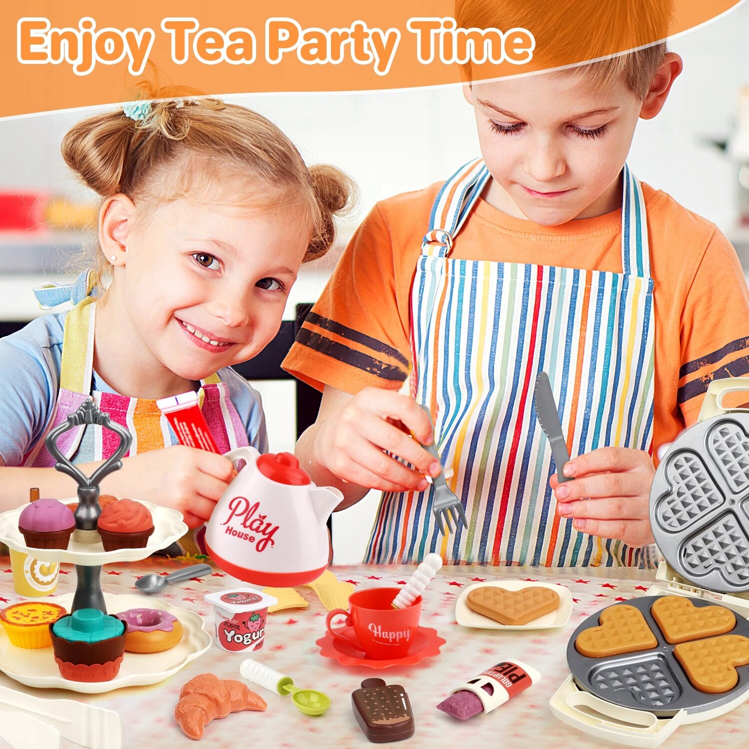 Tea Party Set with Waffle Maker Toy Including Dessert Accessories