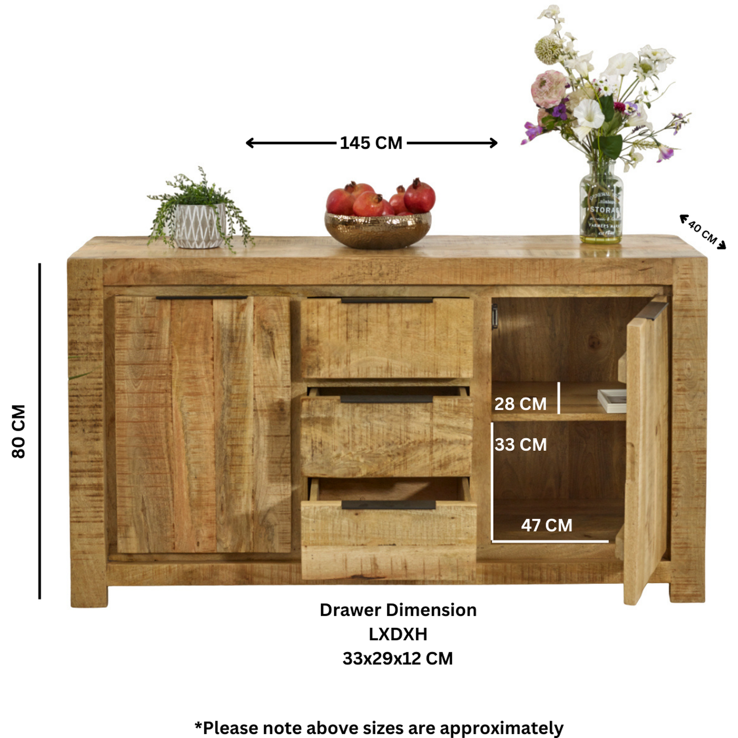 Surrey Solid Wood Large Sideboard 2 Door 3 Drawer
