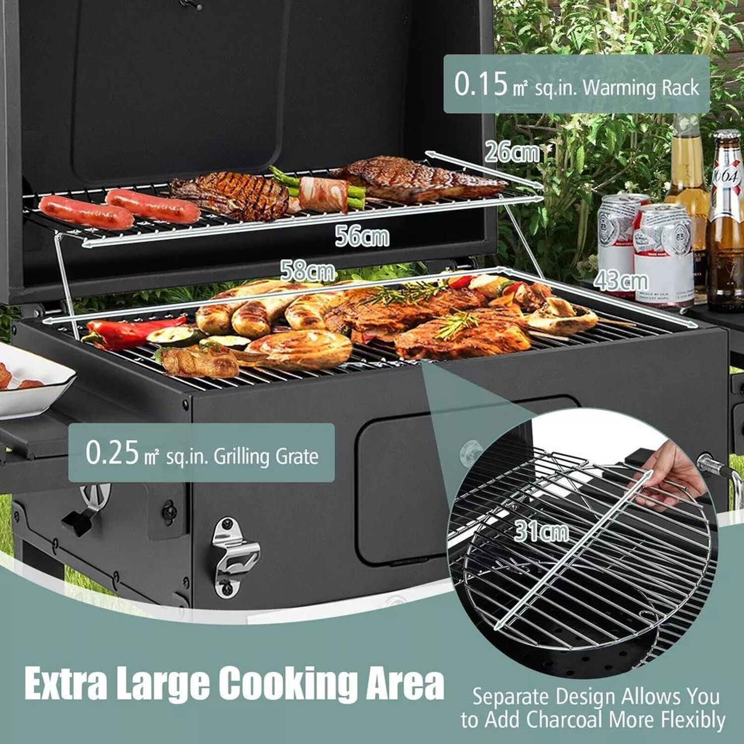 Charcoal Grill BBQ Smoker Combo with 2 Wheels and 2 Foldable Side Shelves