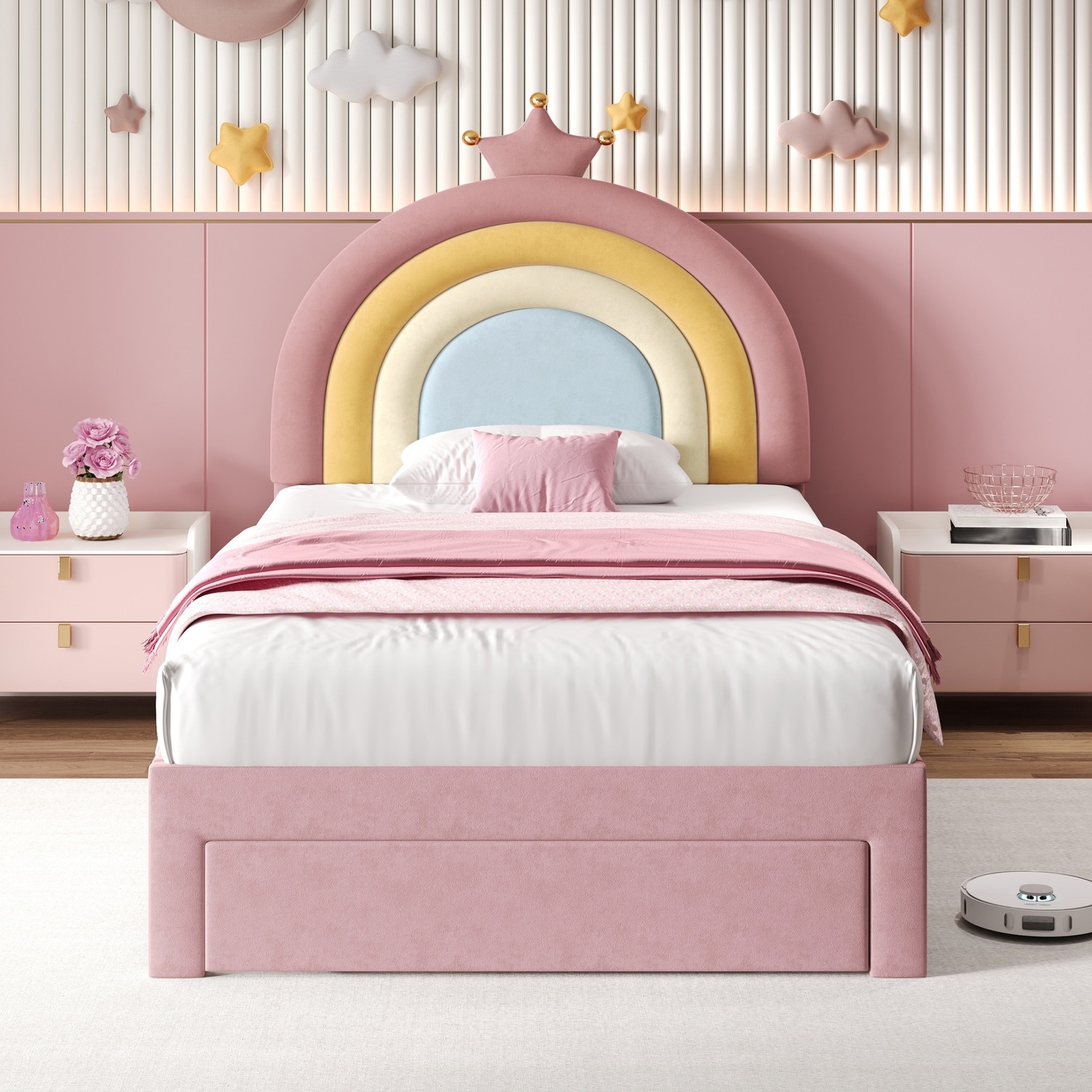 Matteo Velvet Single Bed Frame with Adjustable Rainbow Headboard