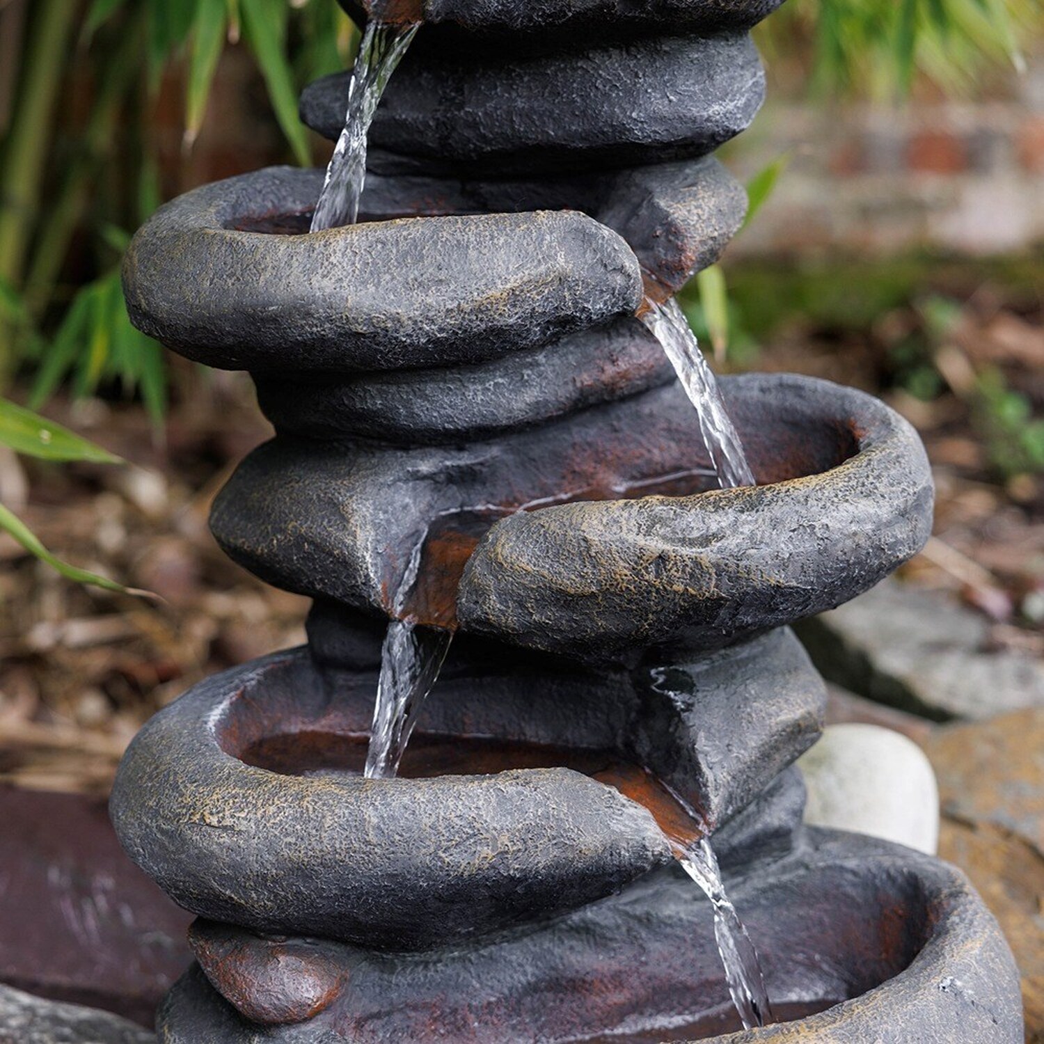 57cm Solar 4 Tier Stacked Boulder Cascading Water Feature with LED Lights