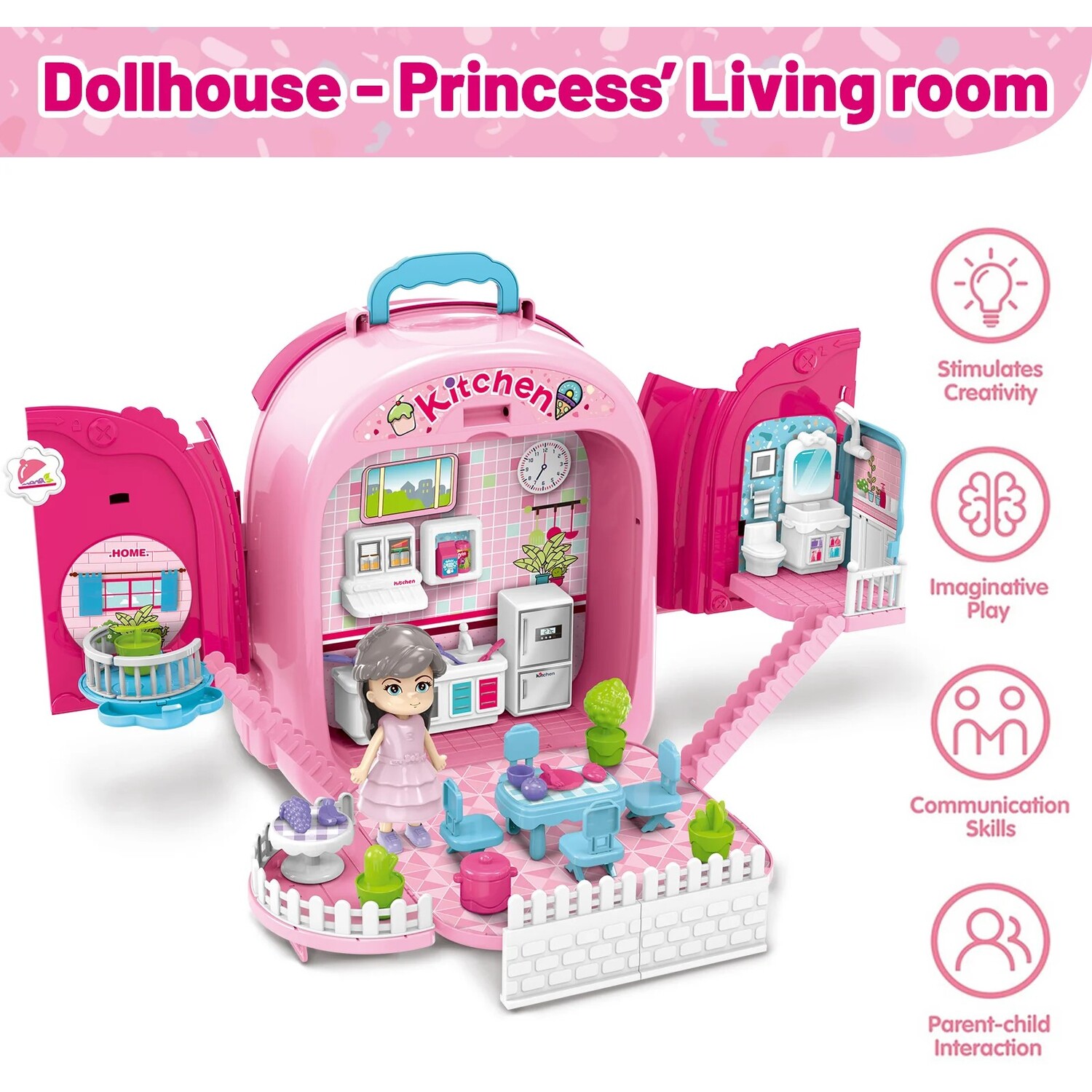 3-In-1 Pink Portable Doll House Play Set with Accessories