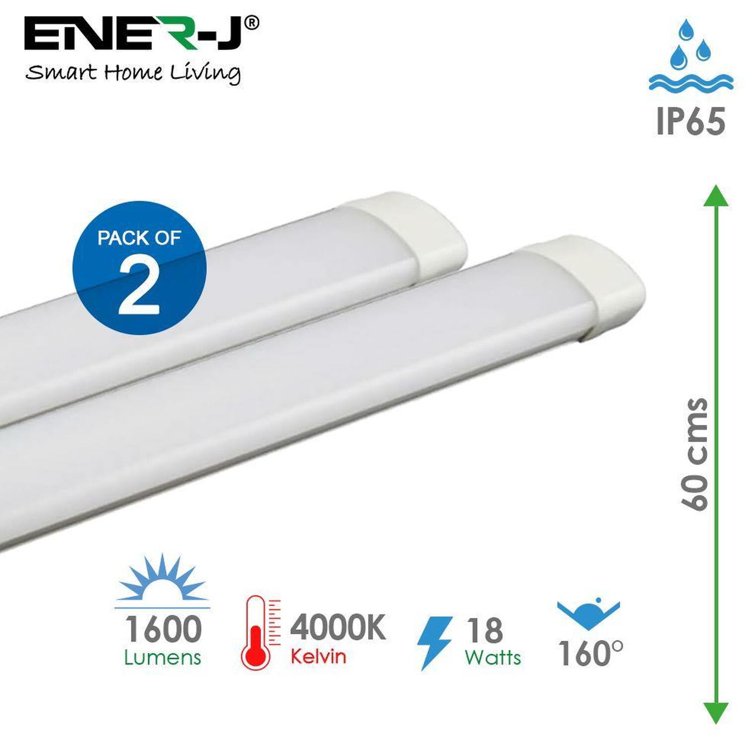 Pack of 2 36W LED Triproof Batten Tube Lights, 120cms, 4000K