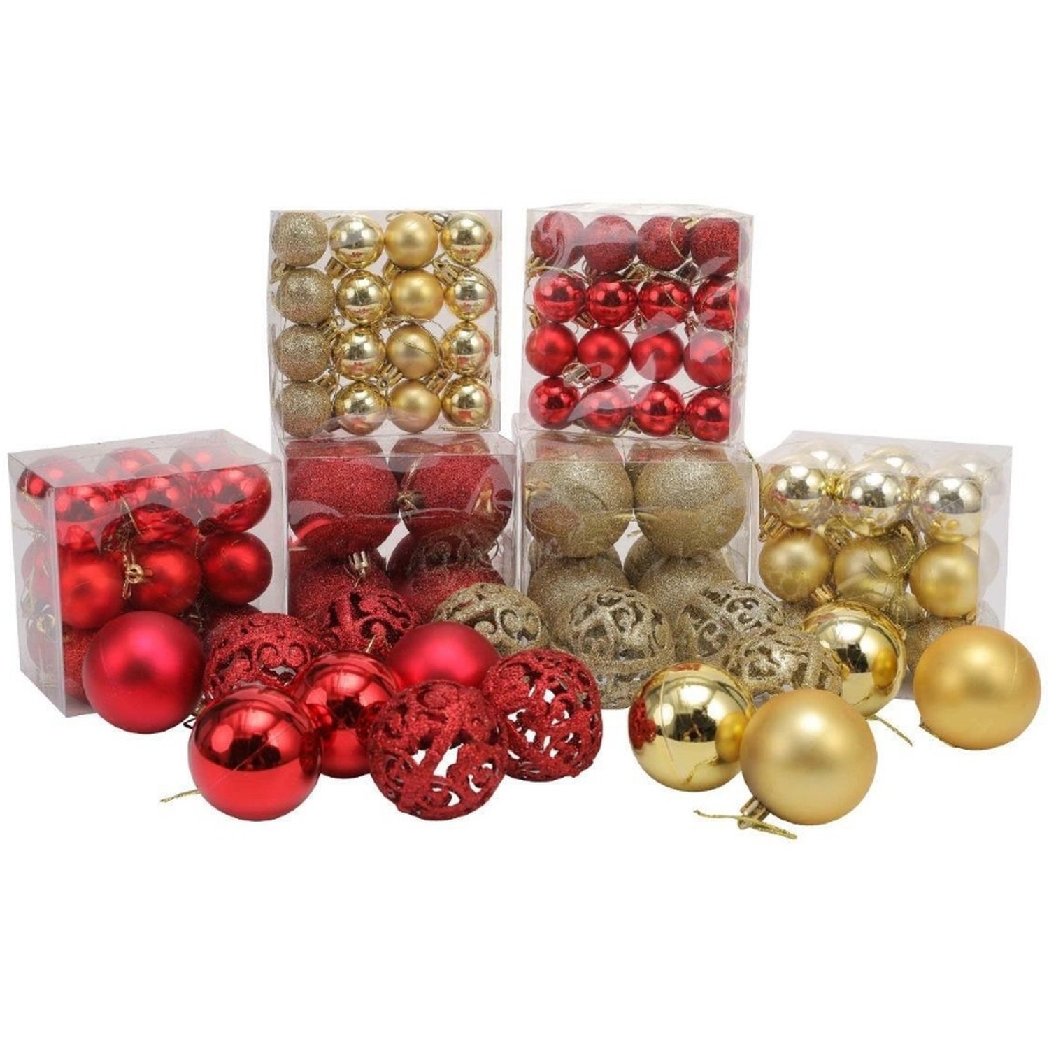 100 Christmas Tree Baubles Red and Gold Assorted Sizes