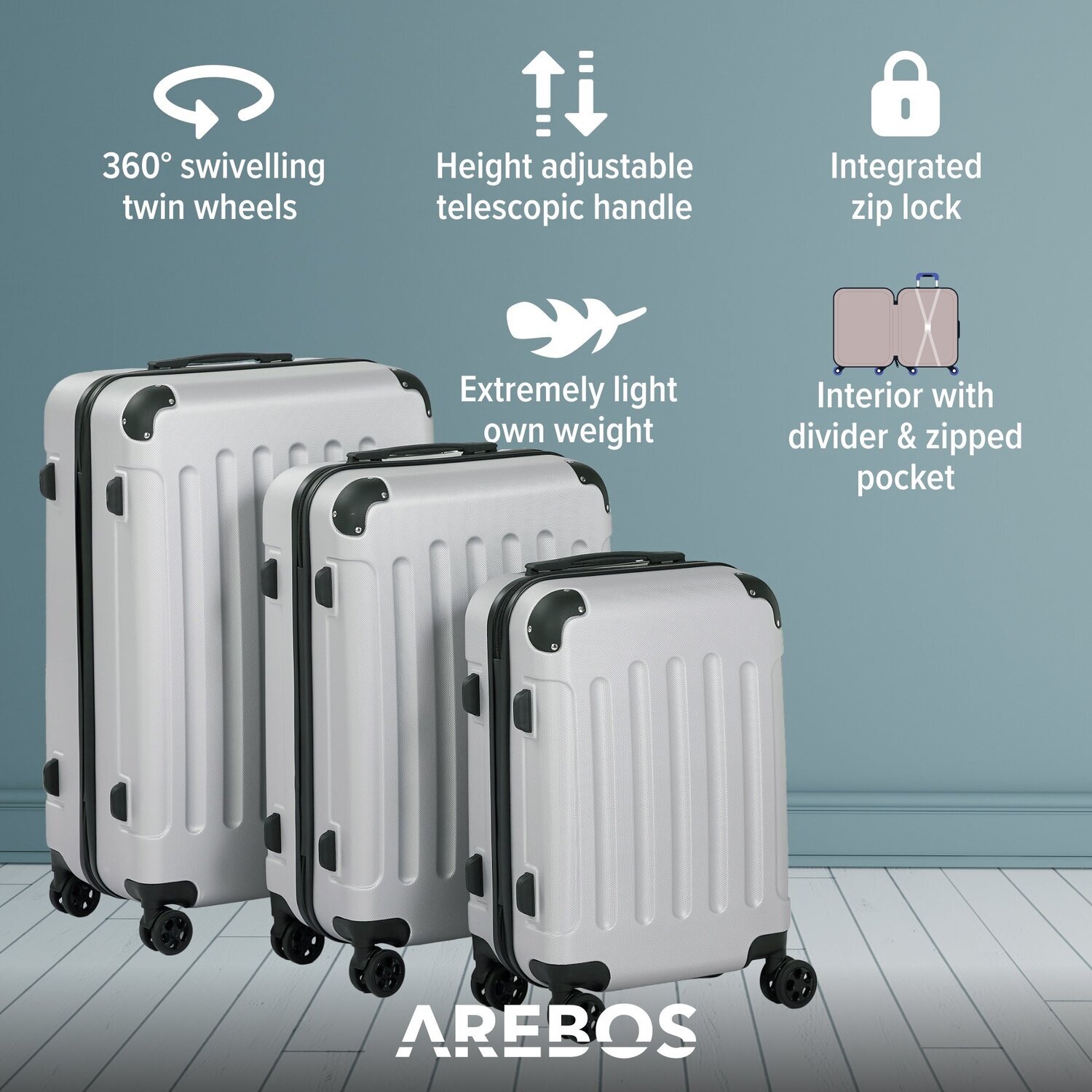 Set of 3 ABS Hard Shell Travel Suitcases With Telescopic Handle