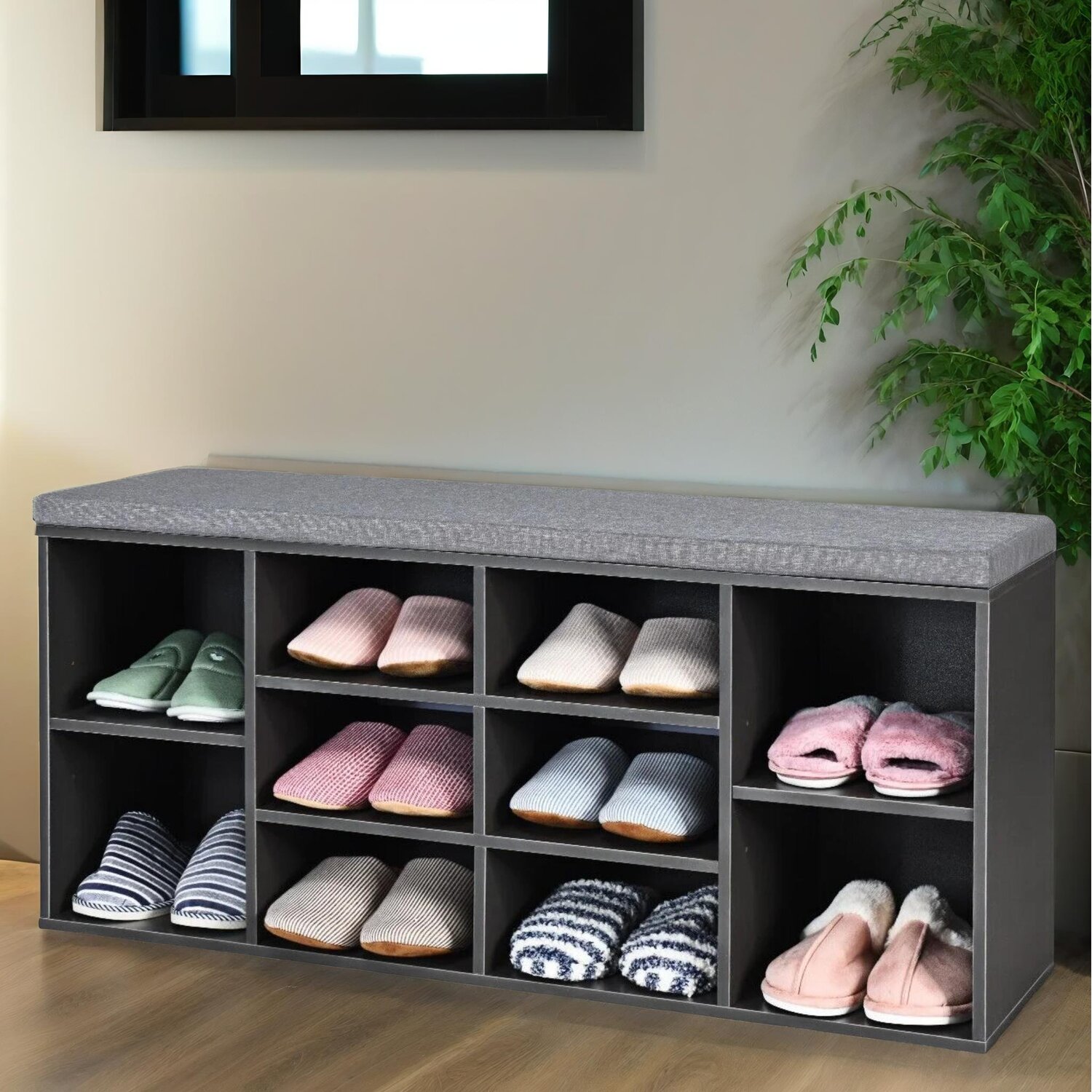 Wooden Shoe Storage Bench With Cushioned Seat 104CM