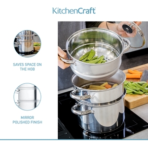 KitchenCraft Stainless Steel Three Tier Steamer, 22cm