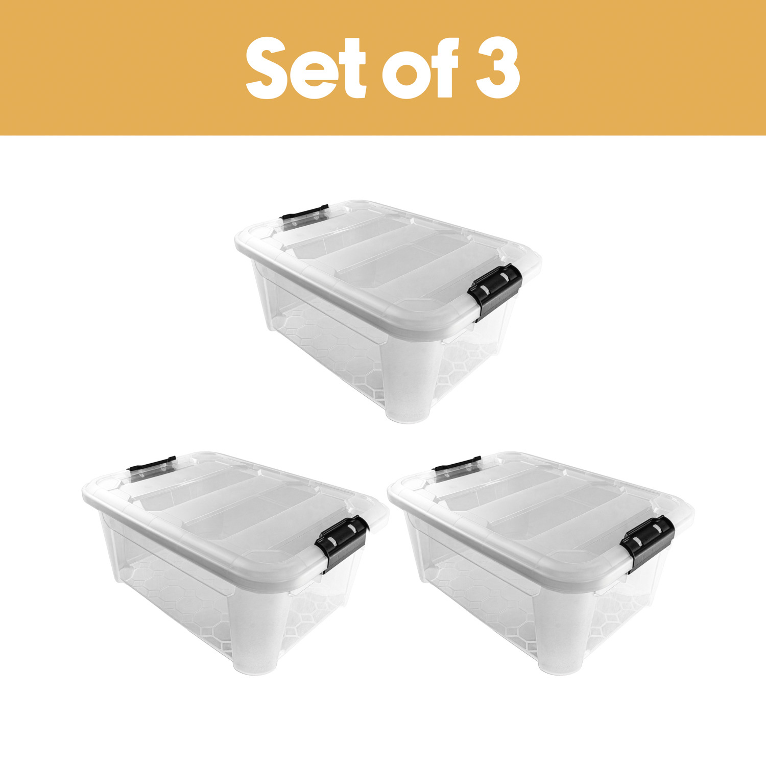 JVL Plastic Secure Clip Lidded Storage Box Set of 3