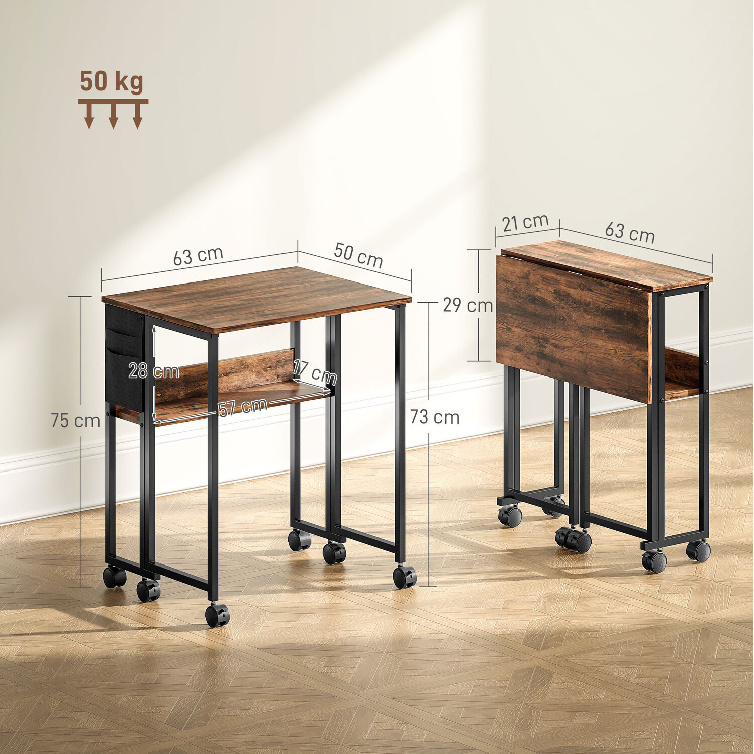 HOMCOM Folding Desk with Open Shelf Storage Bag on Wheels