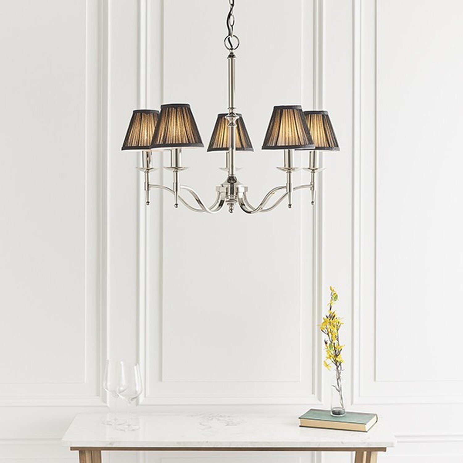 Stanford 5 Light Multi Arm Ceiling Pendant Chandelier Polished Nickel, E14