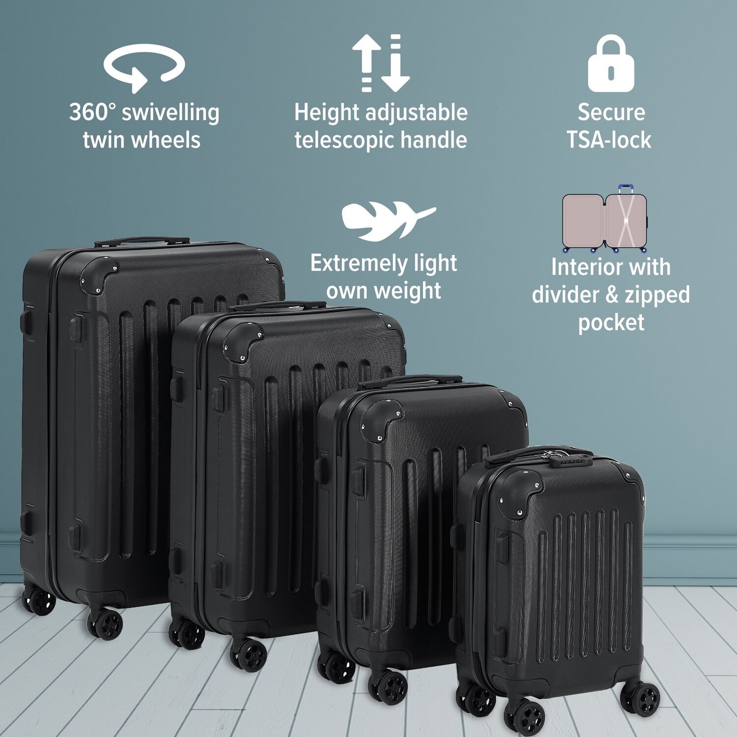 Set of 4 ABS Hard Shell Travel Suitcases With Telescopic Handle