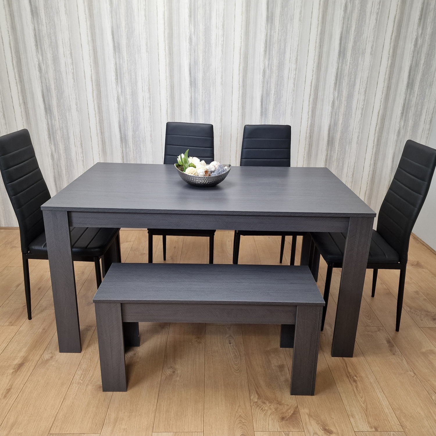 Dark Grey Dining Table Set with 4 Black Faux Leather Stitched Chairs ...