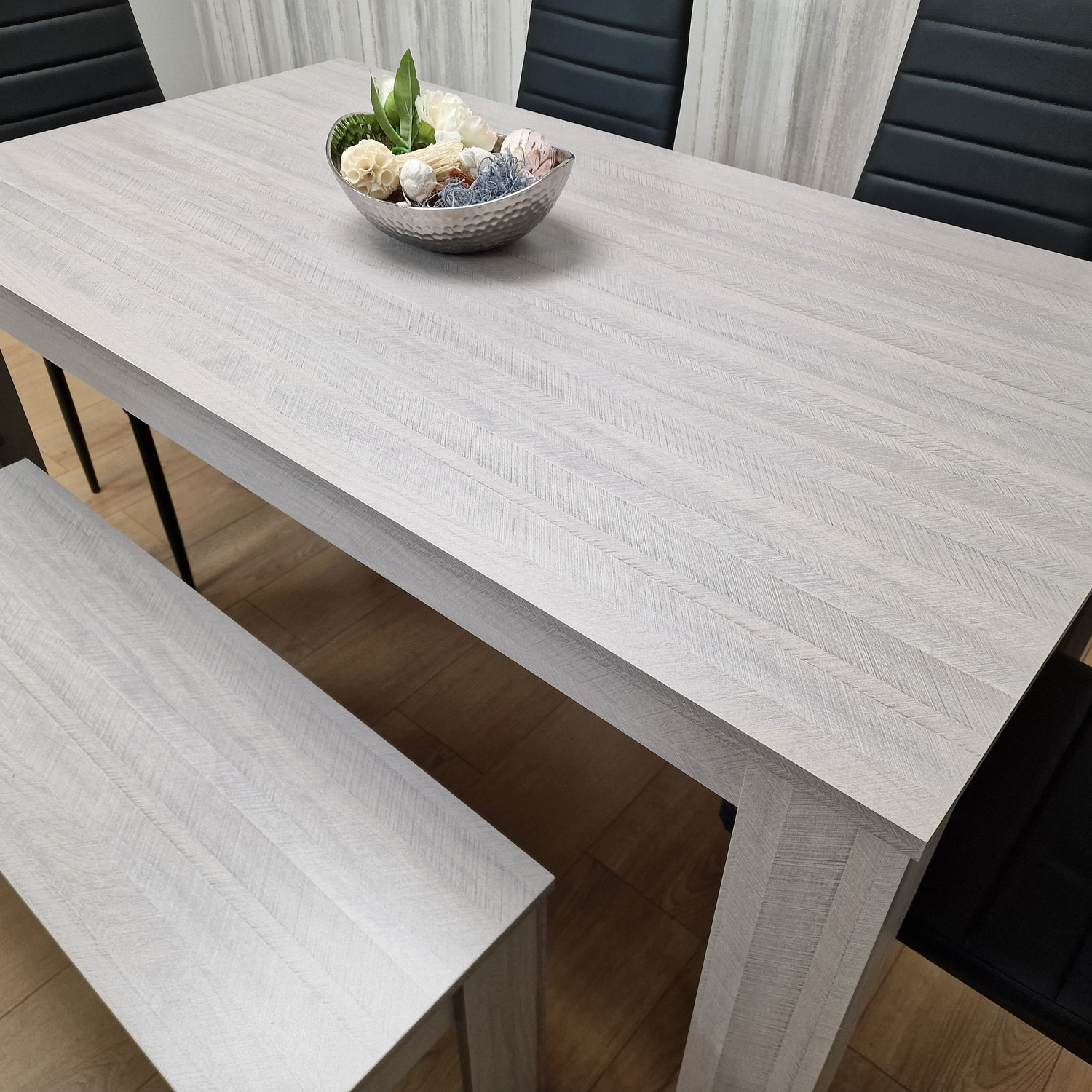 Dark Grey Dining Table With 4 Faux Leather Stitched Chairs And 1 ...