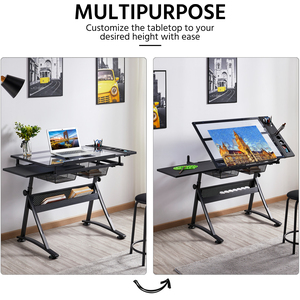 Adjustable Glass Drafting Table with 2 Drawers and Storage
