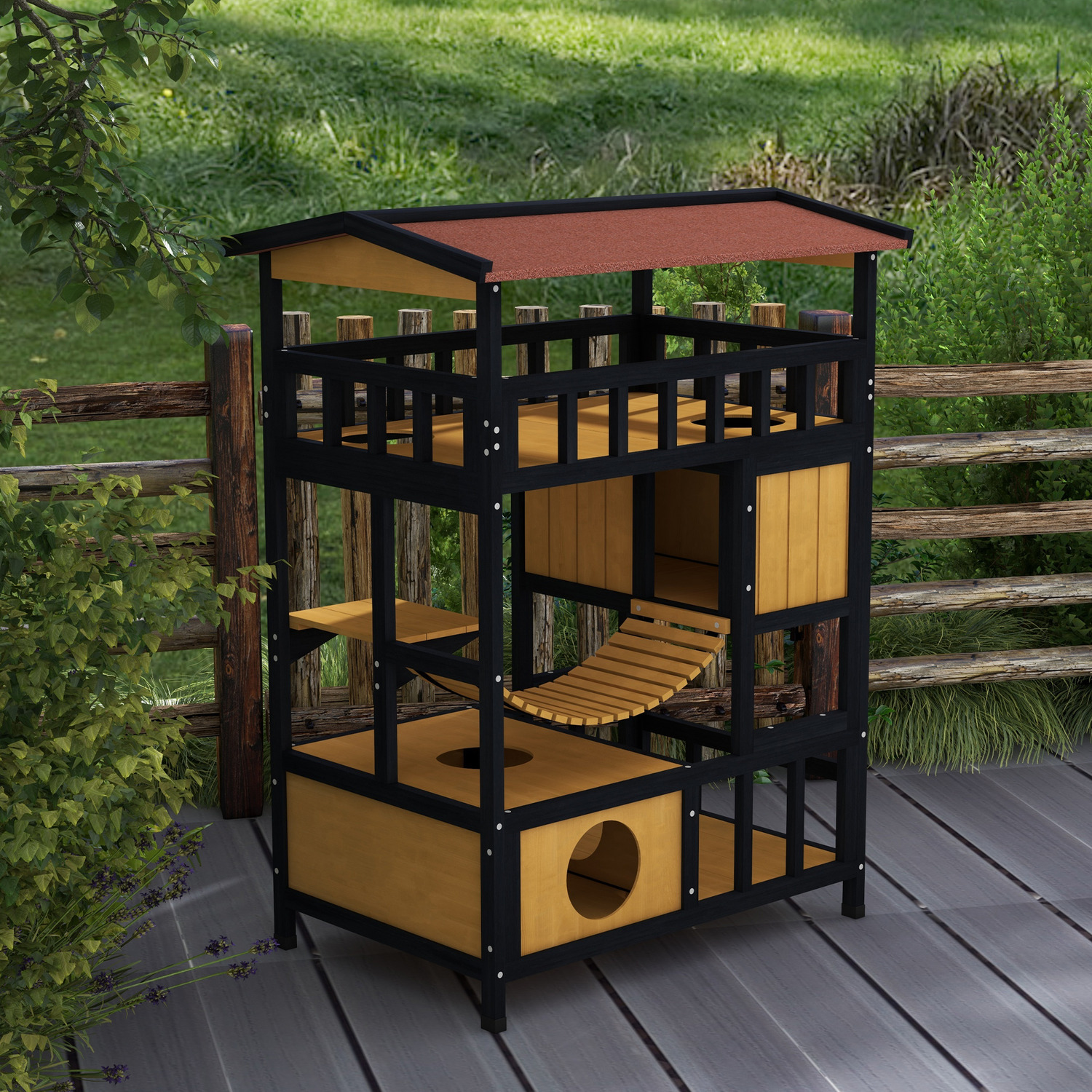 4 Tiers Outdoor Cat House Wooden Cat Shelter with Doors