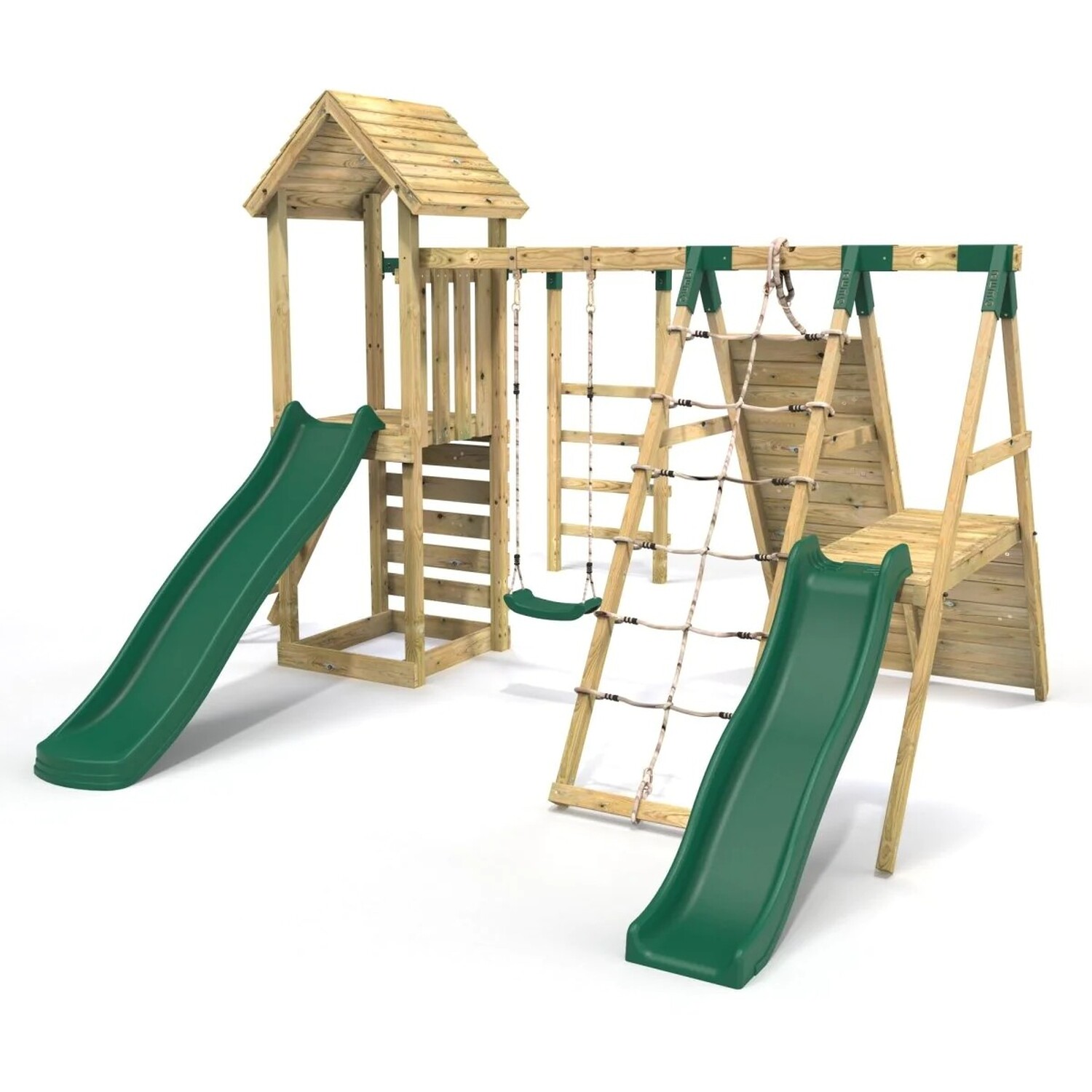 Wooden Climbing Frame with Swing, Climbing Wall, Monkey Bars and Two Slides