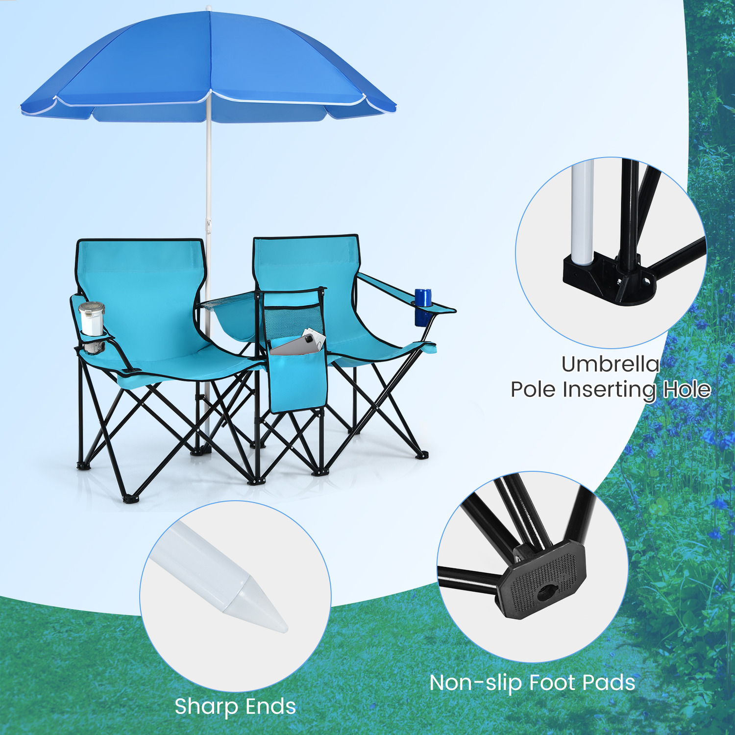 Folding Picnic Chairs with Umbrella Ice Bag