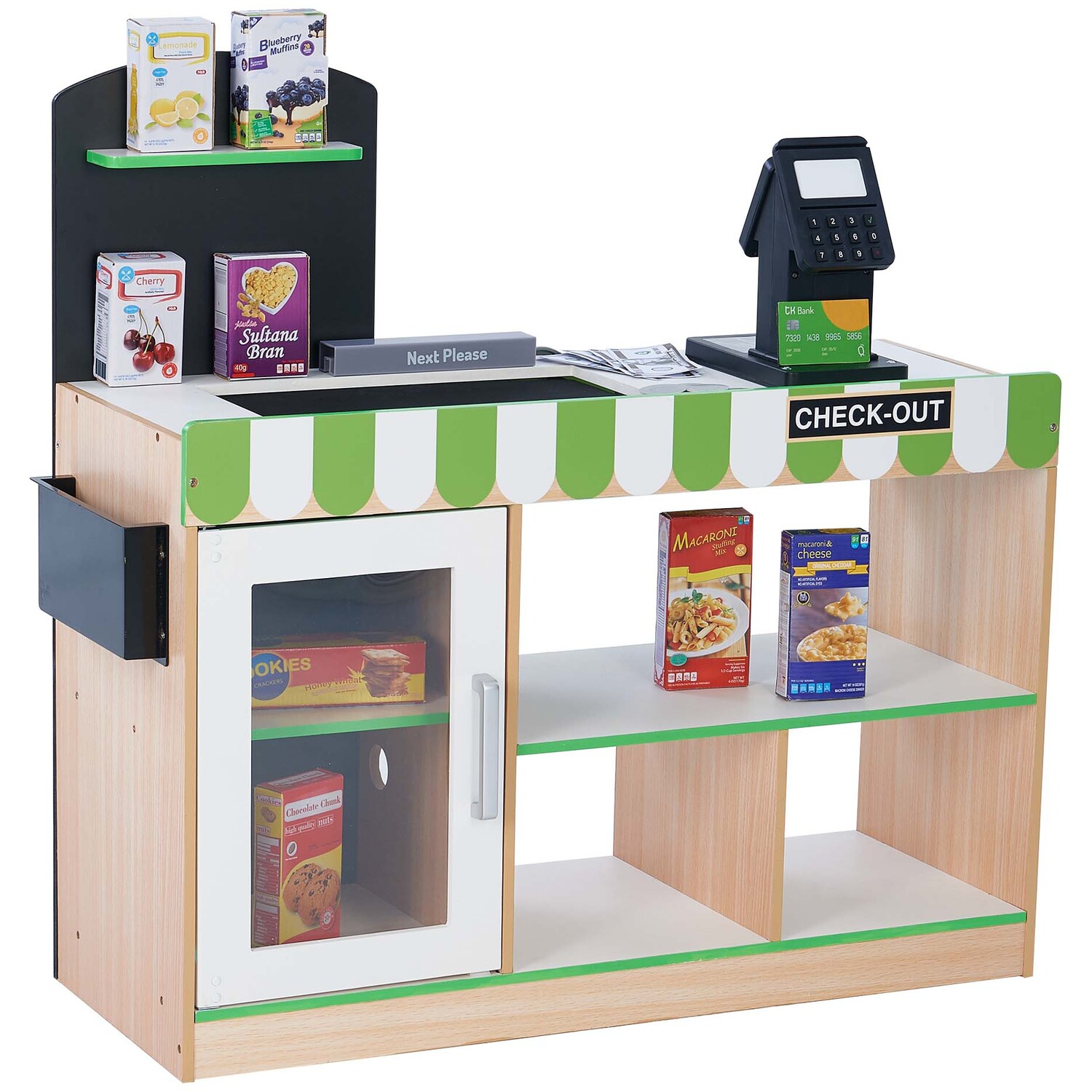 Wooden Play Cashier Checkout Stand with 26 Accessories, Green and White