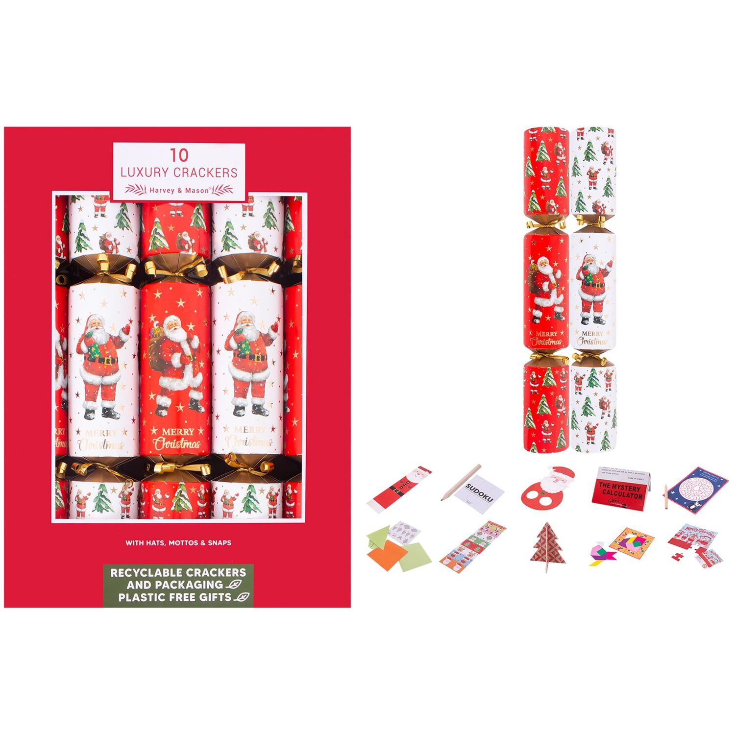 10 Luxury Christmas Crackers Traditional Santa Red White 14 Inch