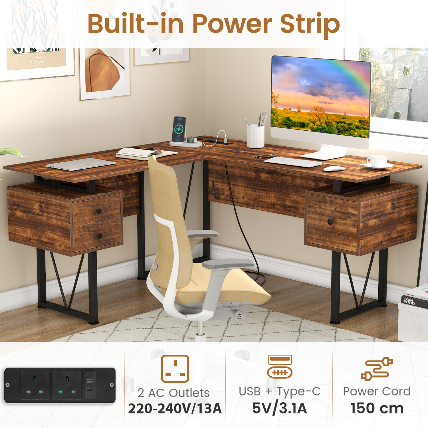 Corner Computer Desk with Power Outlets