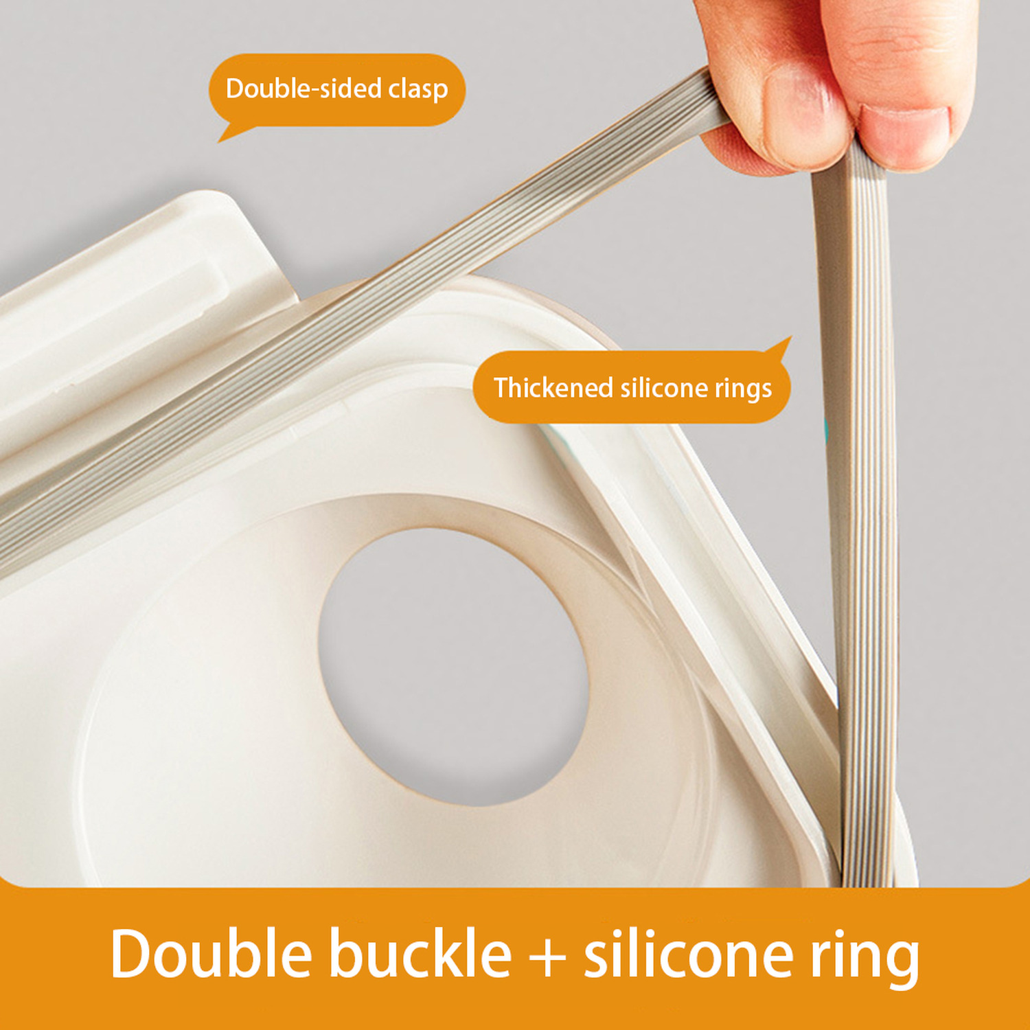 Sealed Food Storage Container with Funnel Opening and Small Measuring Cup