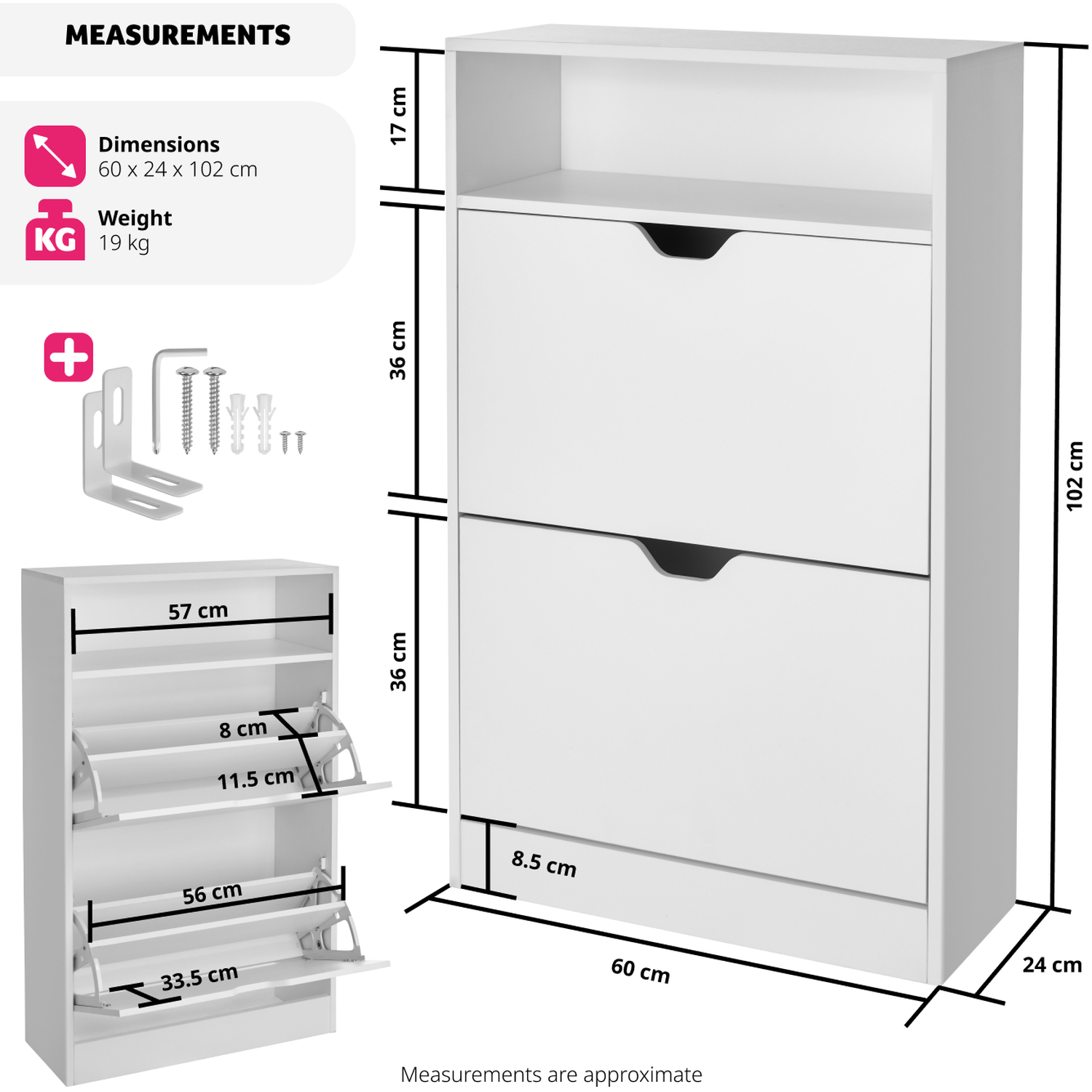 Shoe Cabinet Calea, 2 Tilt Compartments for 12 Pairs of Shoes, Open ...