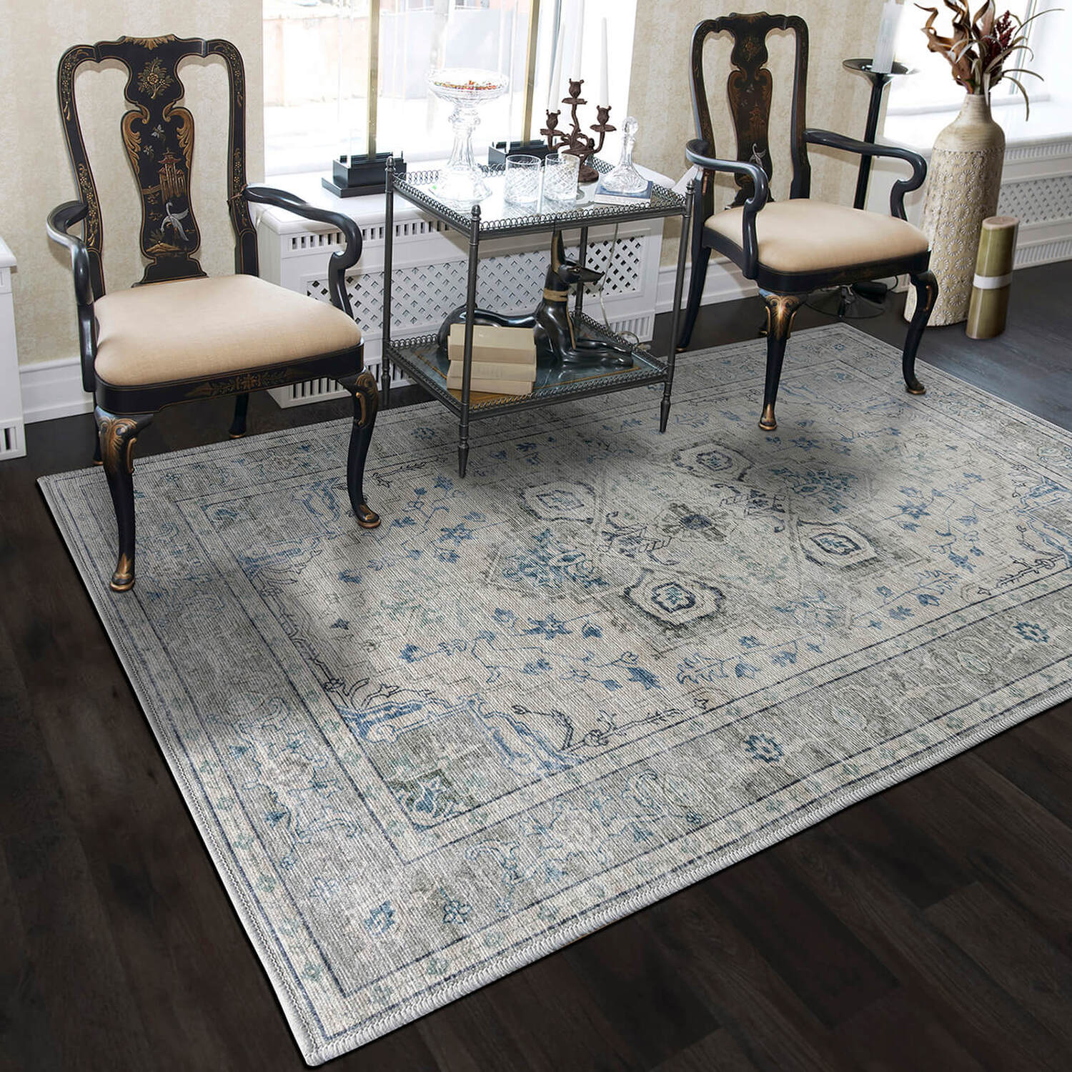 Vernal Peoria Grey, Blue and Cream Machine Washable Rug