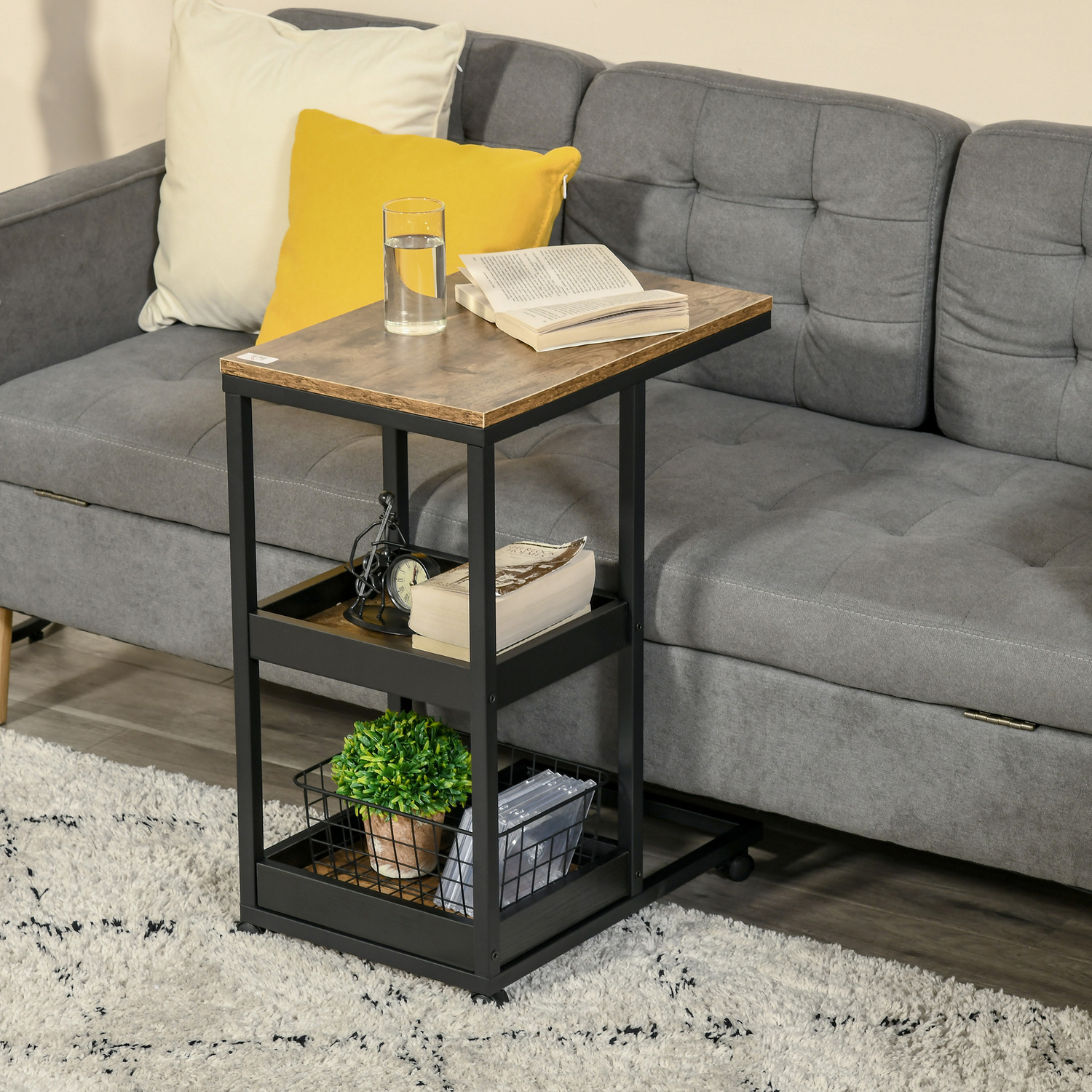 HOMCOM Industrial Mobile Sofa Side Table