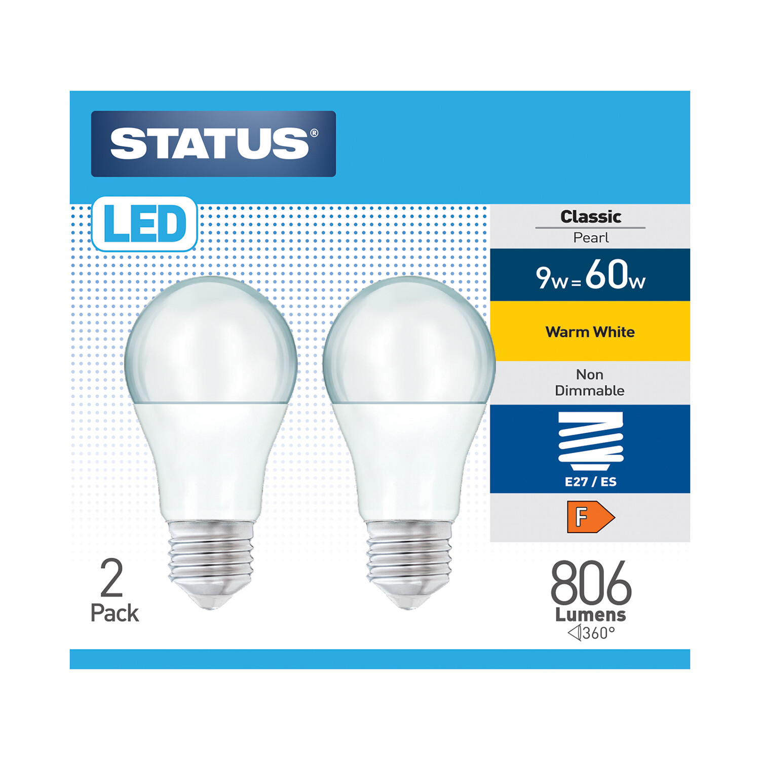 Pack of 2 Status 9.0w=60w LED GLS E27 Pearl Bulbs