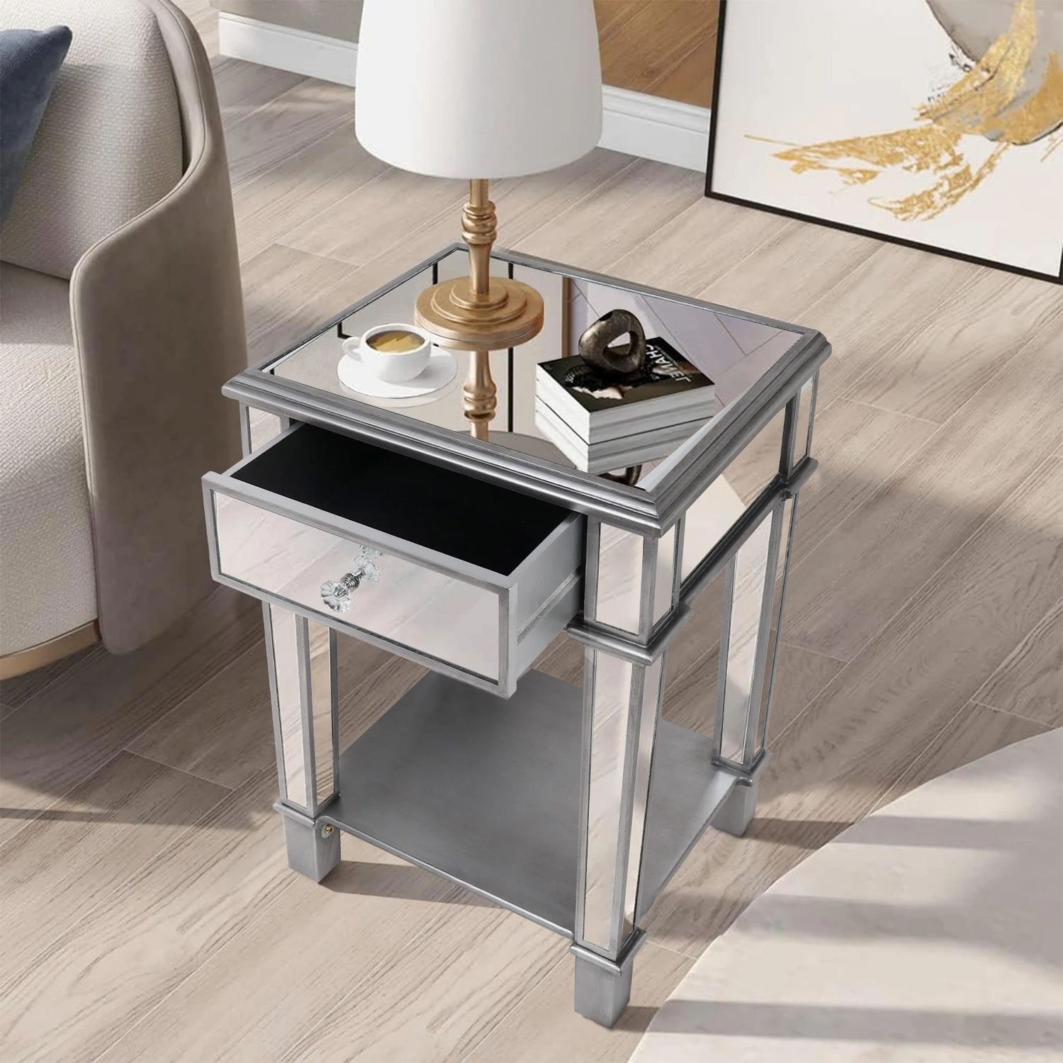 Silver Mirrored Bedside Table for Bedroomw with Self and Drawer