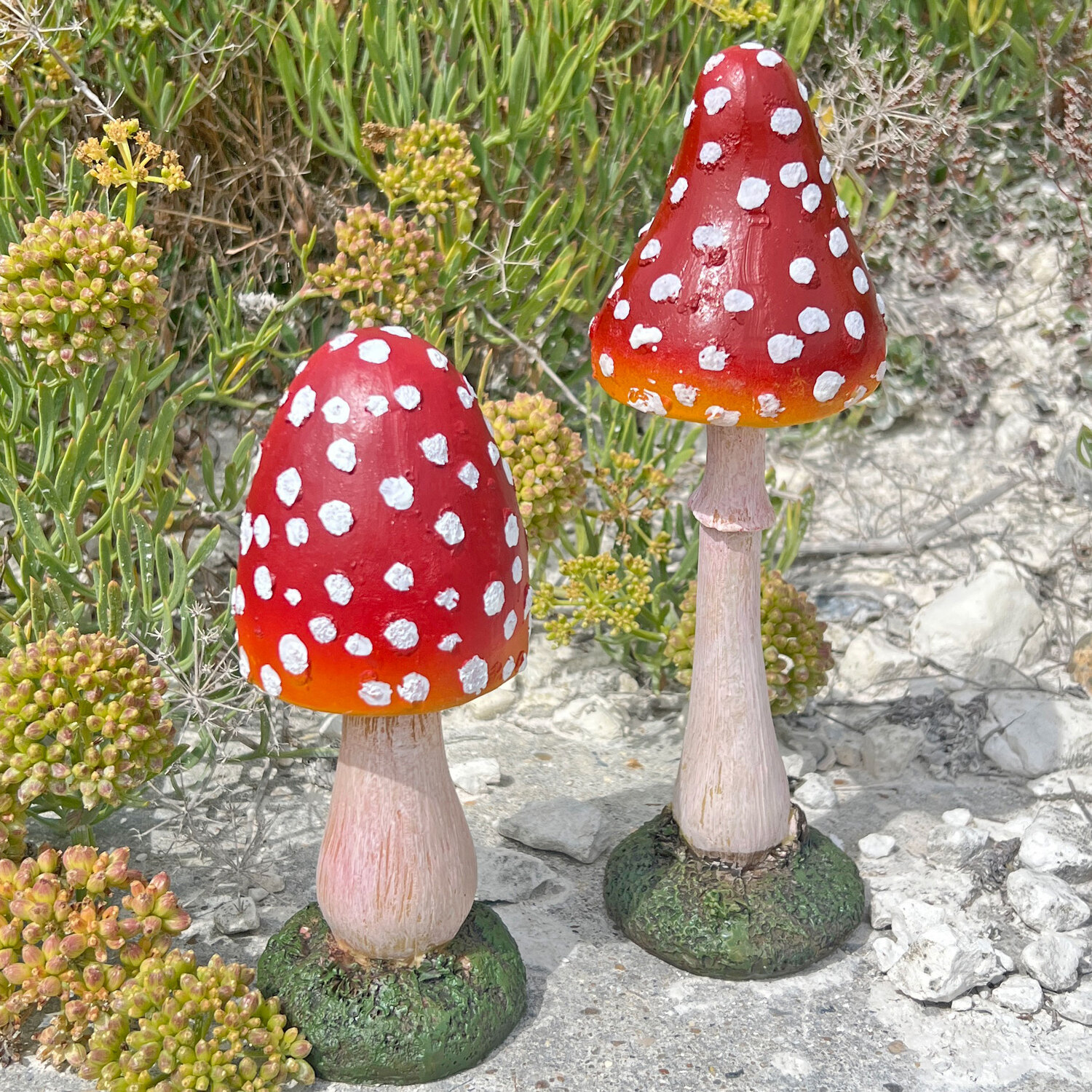 Pair of Pointed Garden Mushroom Red Cap Toadstool Ornaments